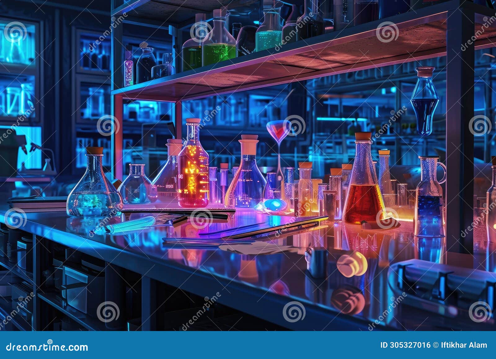 A Busy Lab is Filled with a Variety of Differently Colored Flasks ...