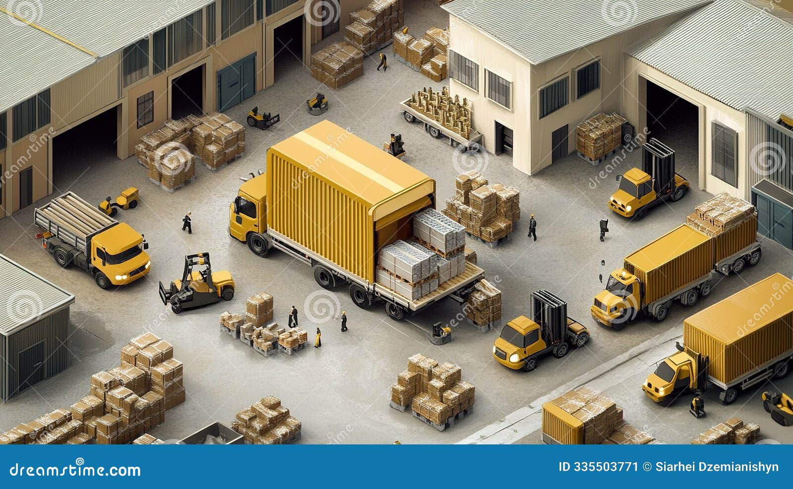 Busy Logistics Hub with Yellow Trucks and Workers Loading Goods in a ...