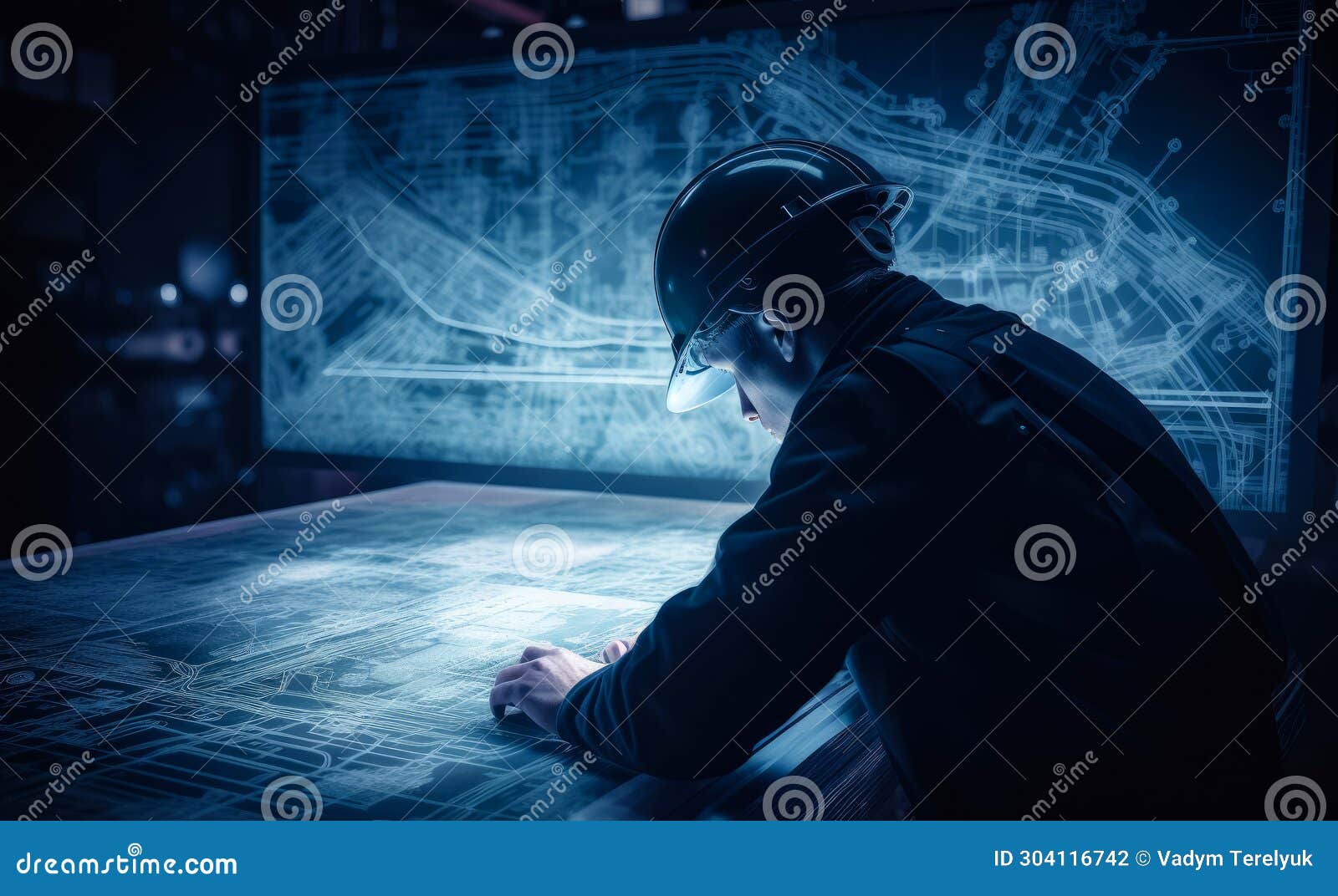 Busy Male Engineer Bent Over the Construction Project. Professional ...