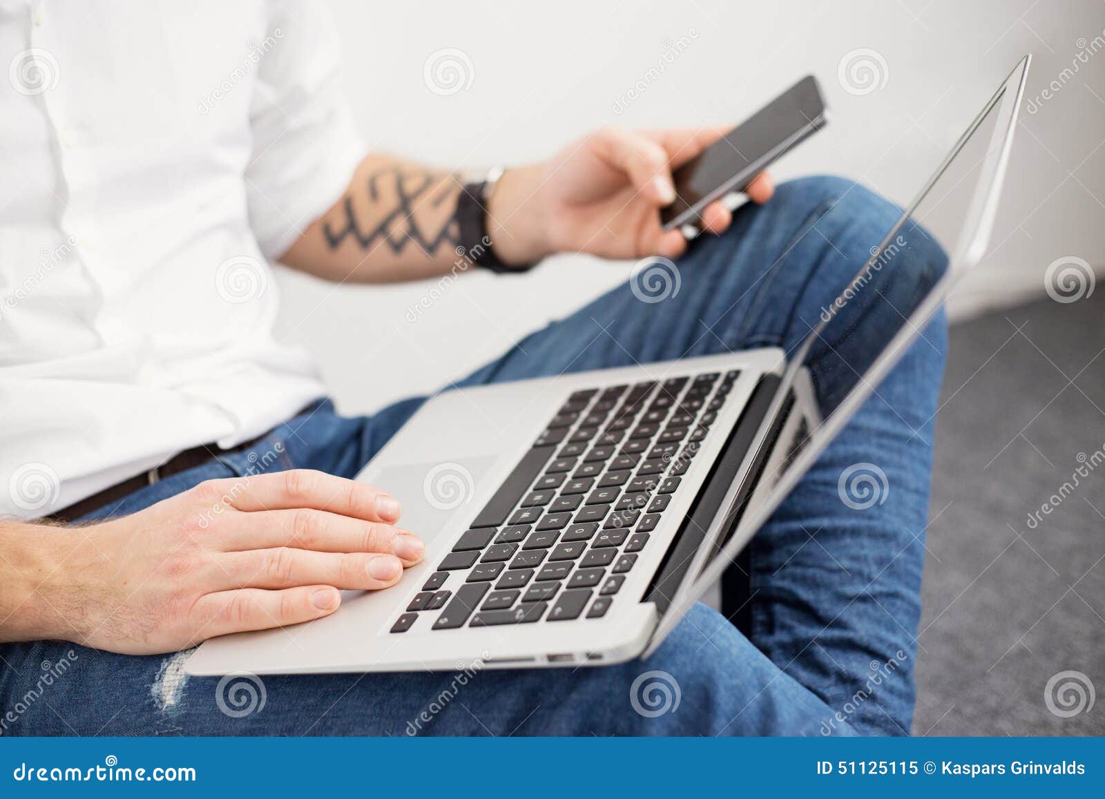 Busy Man Working with Computer and Using Mobile Phone Stock Image ...