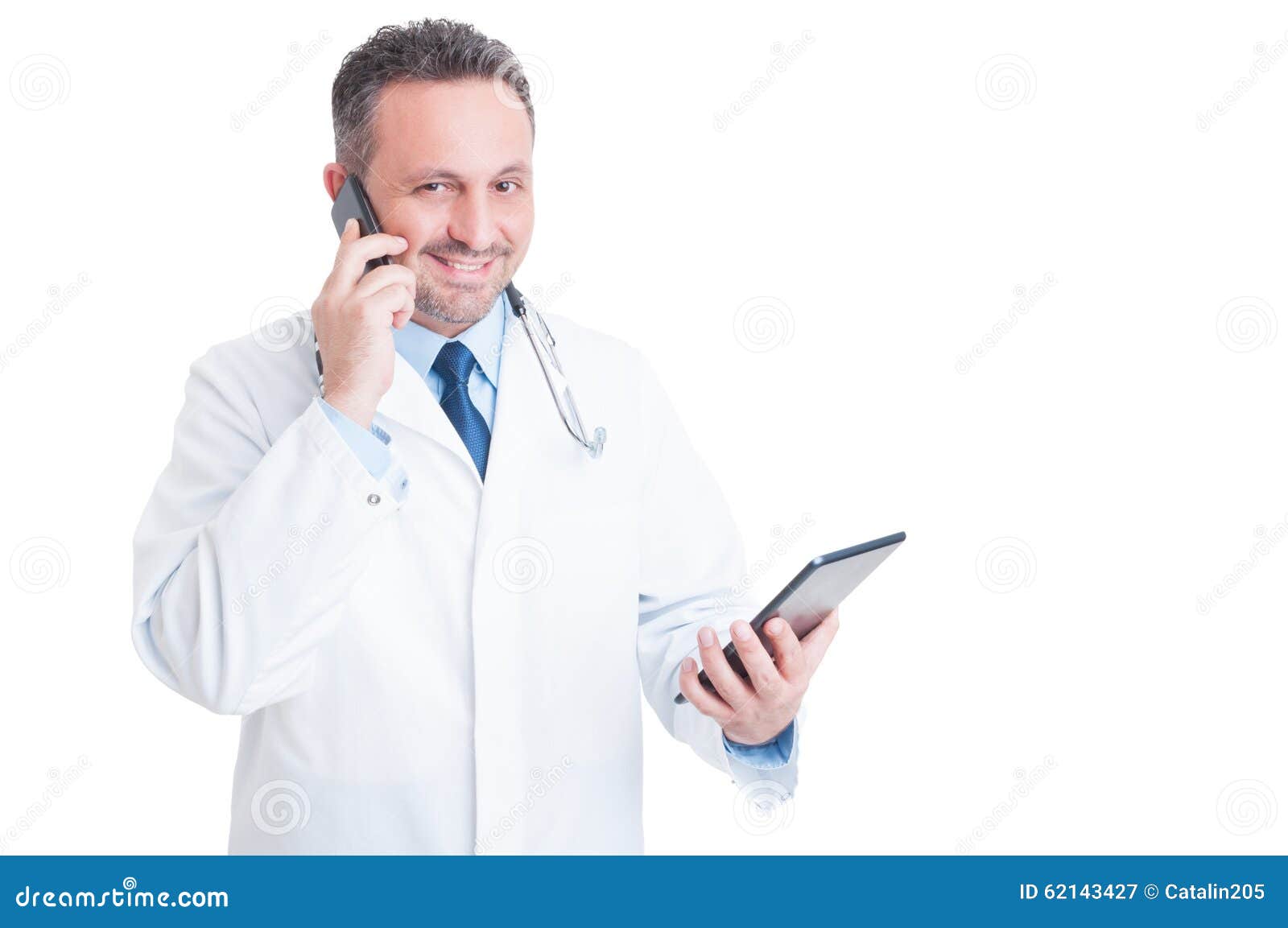 Busy Medic or Doctor Multitasking with Phone and Tablet Stock Image ...