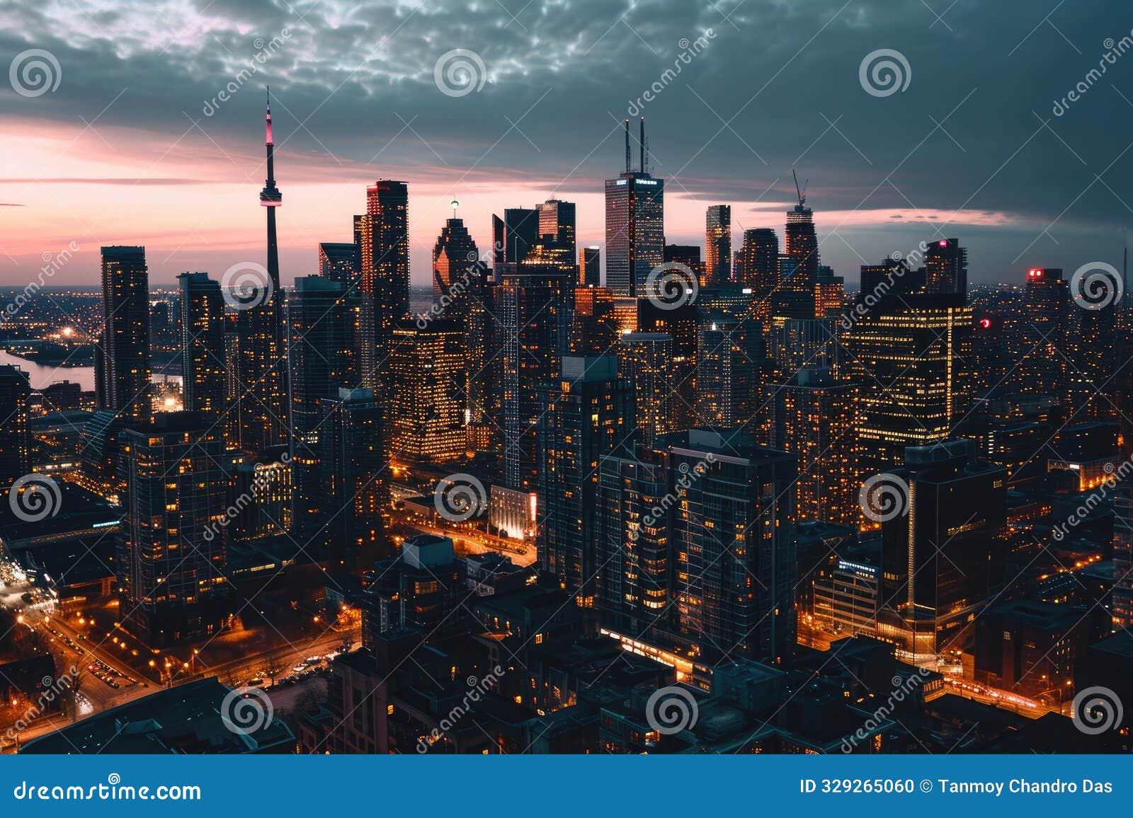 Busy Metropolitan Cityscape at Dusk with Skyline Illuminated, AI ...