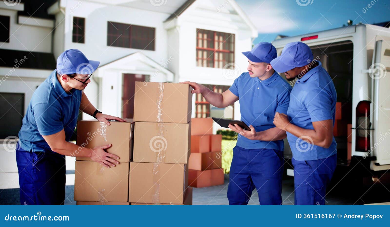 Busy Mover Unloading Van, Carrying Boxes in Front Stock Image - Image ...