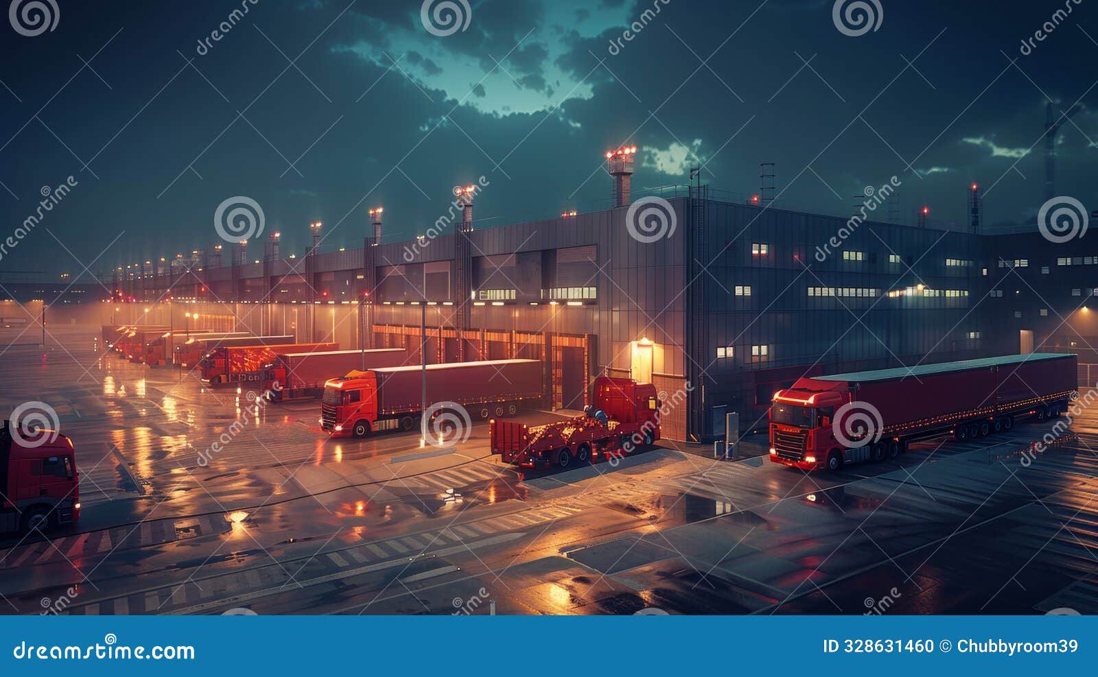 Busy Nighttime Scene at Warehouse with Illuminated Trucks Loading Cargo ...