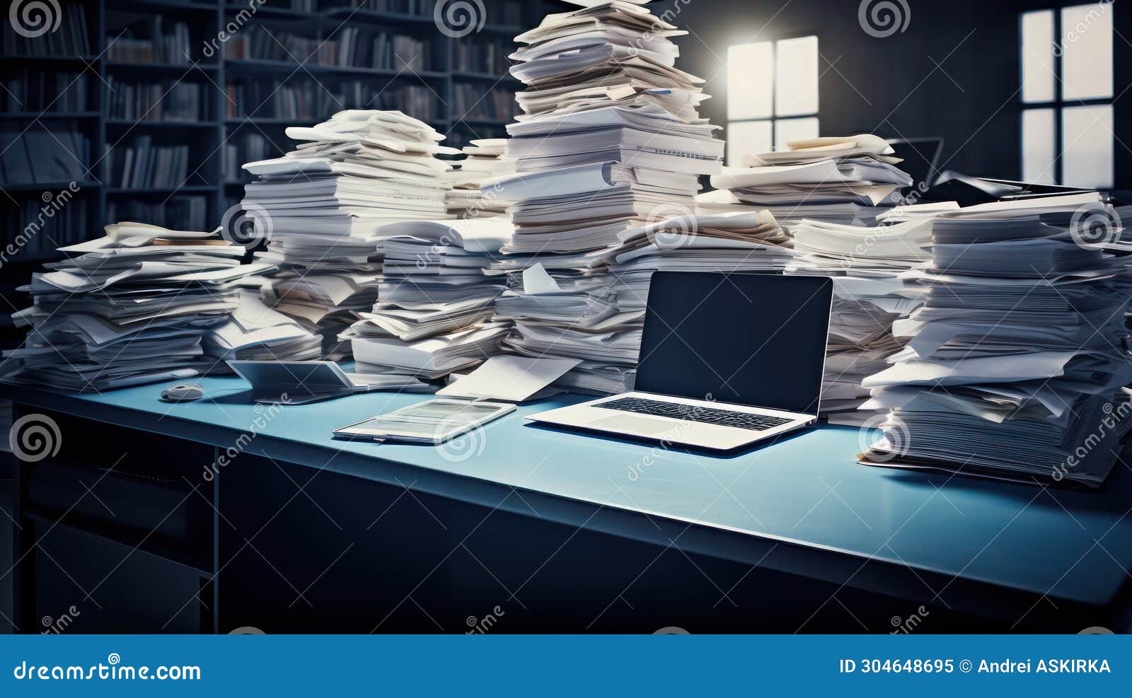 Busy Office Desk with a Laptop and a Large Stack of Paperwork Stock ...