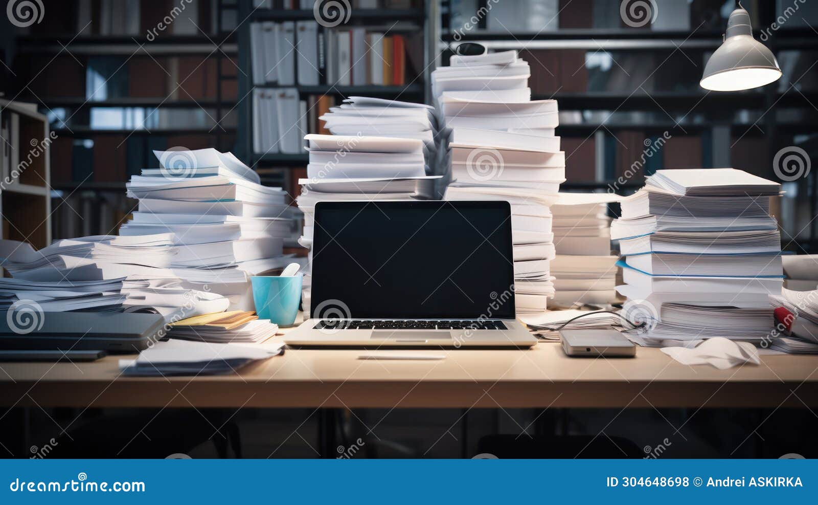 Busy Office Desk with a Laptop and a Large Stack of Paperwork Stock ...