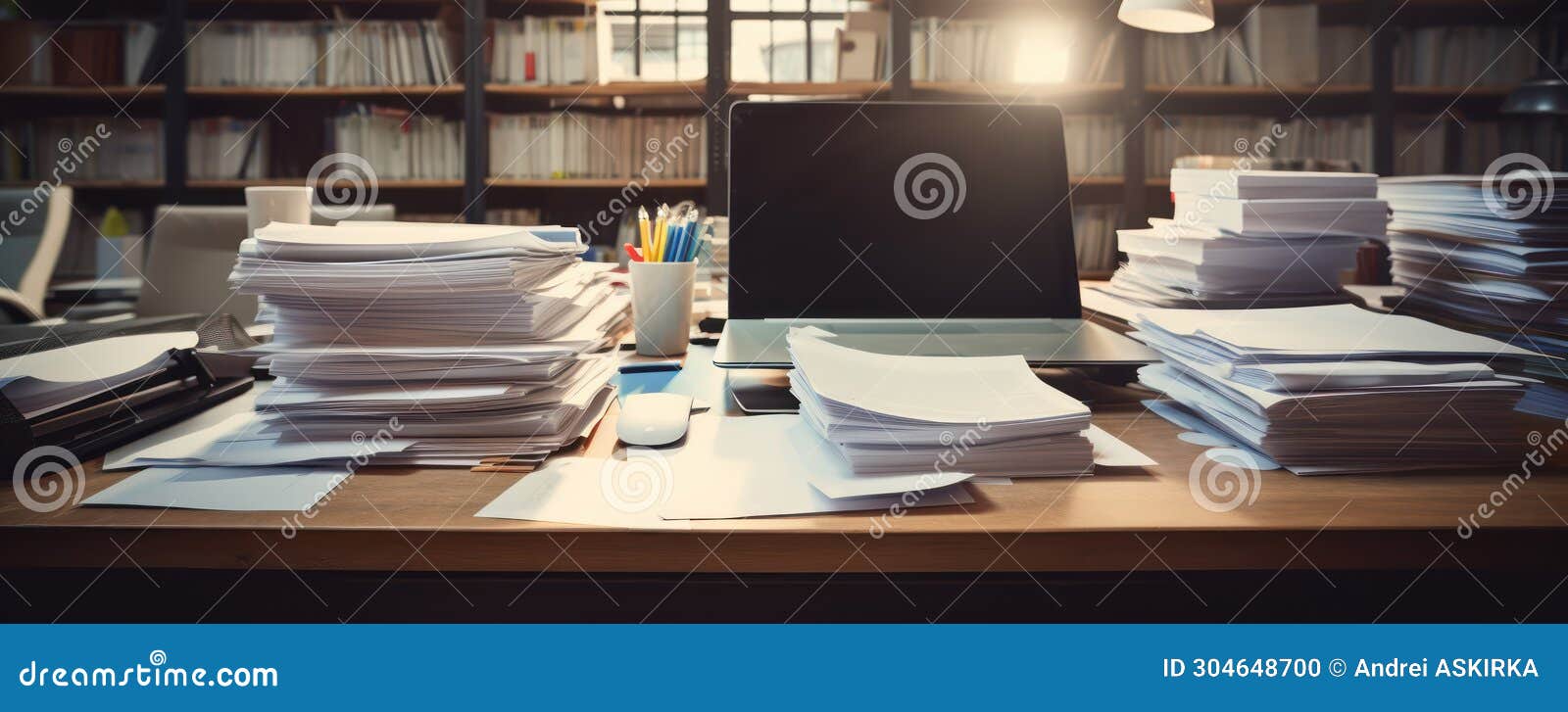 Busy Office Desk with a Laptop and a Large Stack of Paperwork Stock ...