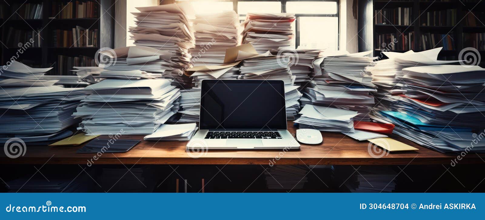 Busy Office Desk with a Laptop and a Large Stack of Paperwork Stock ...