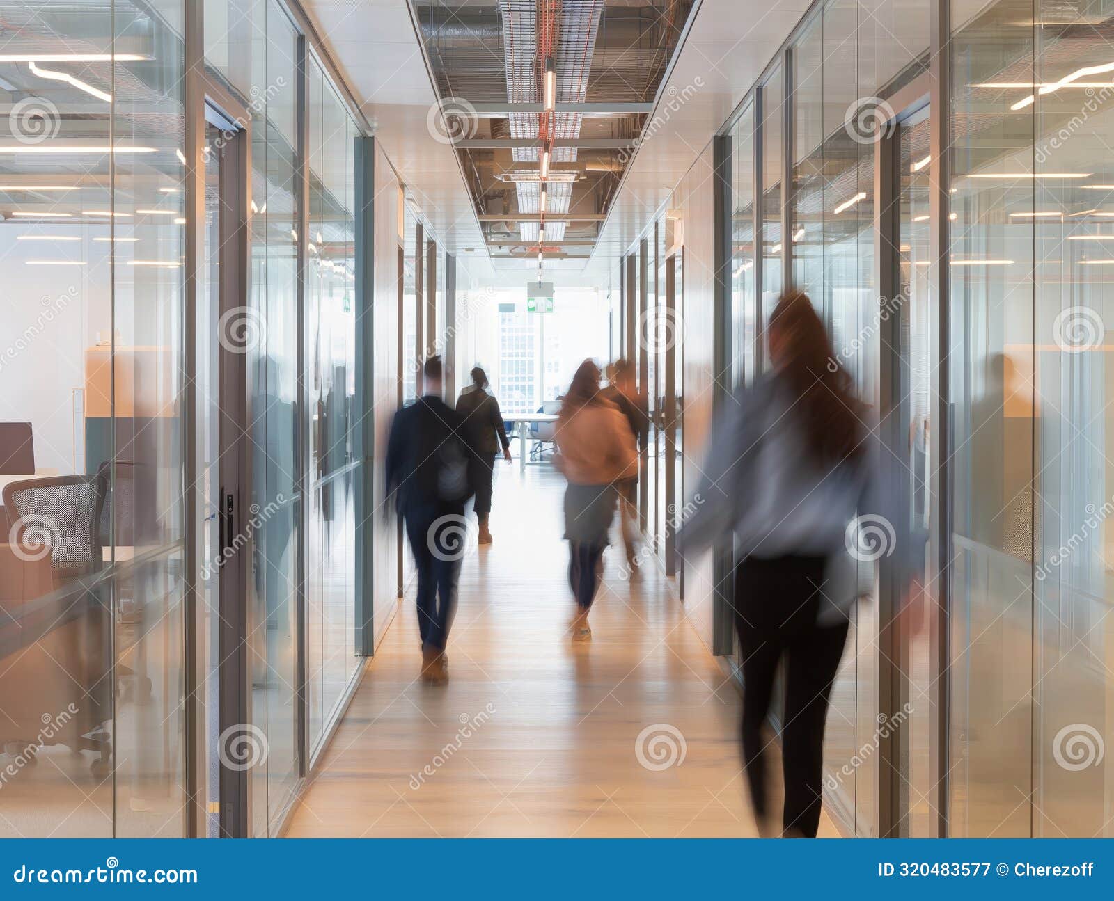 Busy Office Hallway with Glass Partitions Stock Illustration ...