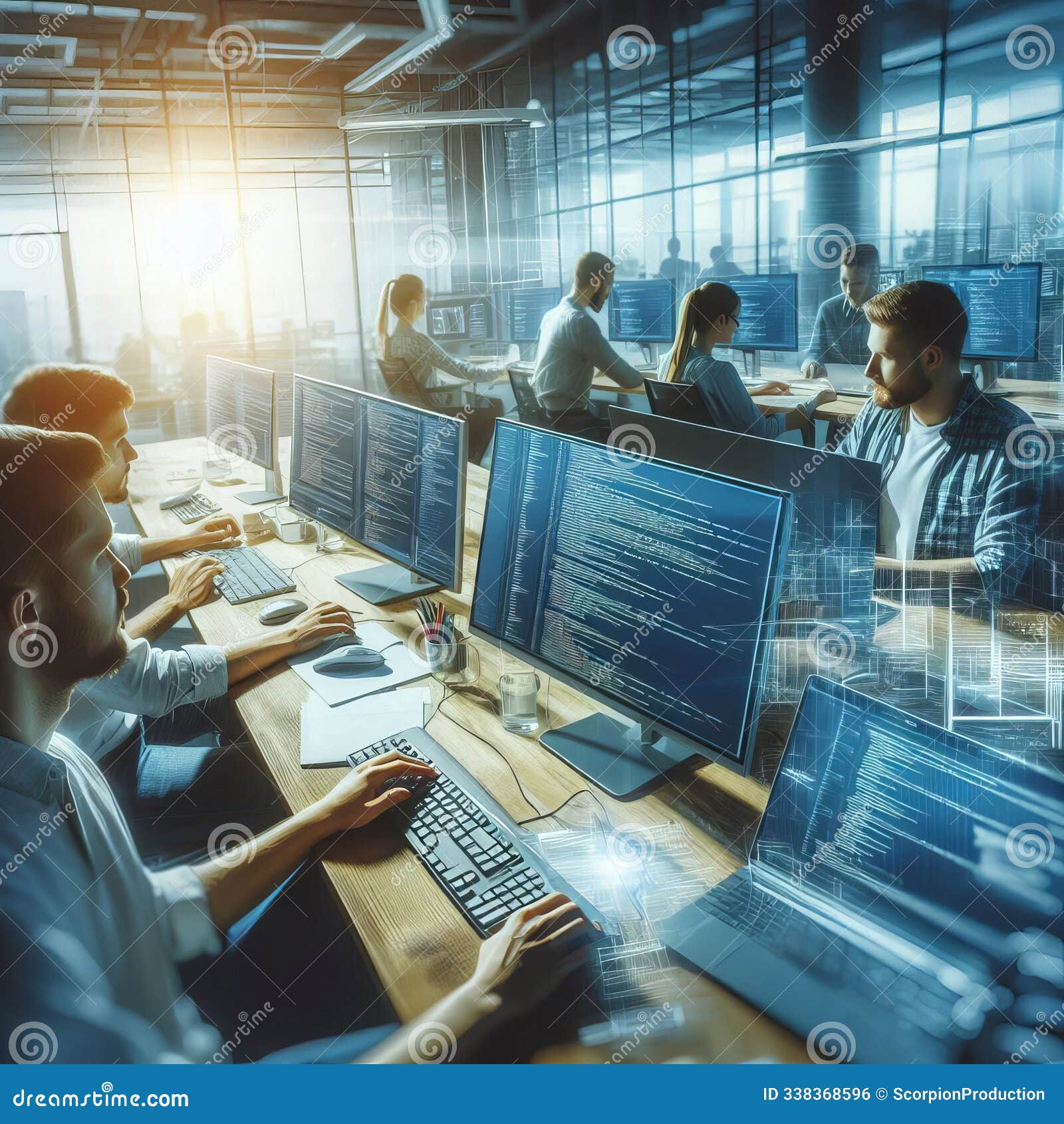 Busy Office with Software Developers Coding at Multiple Workstations ...