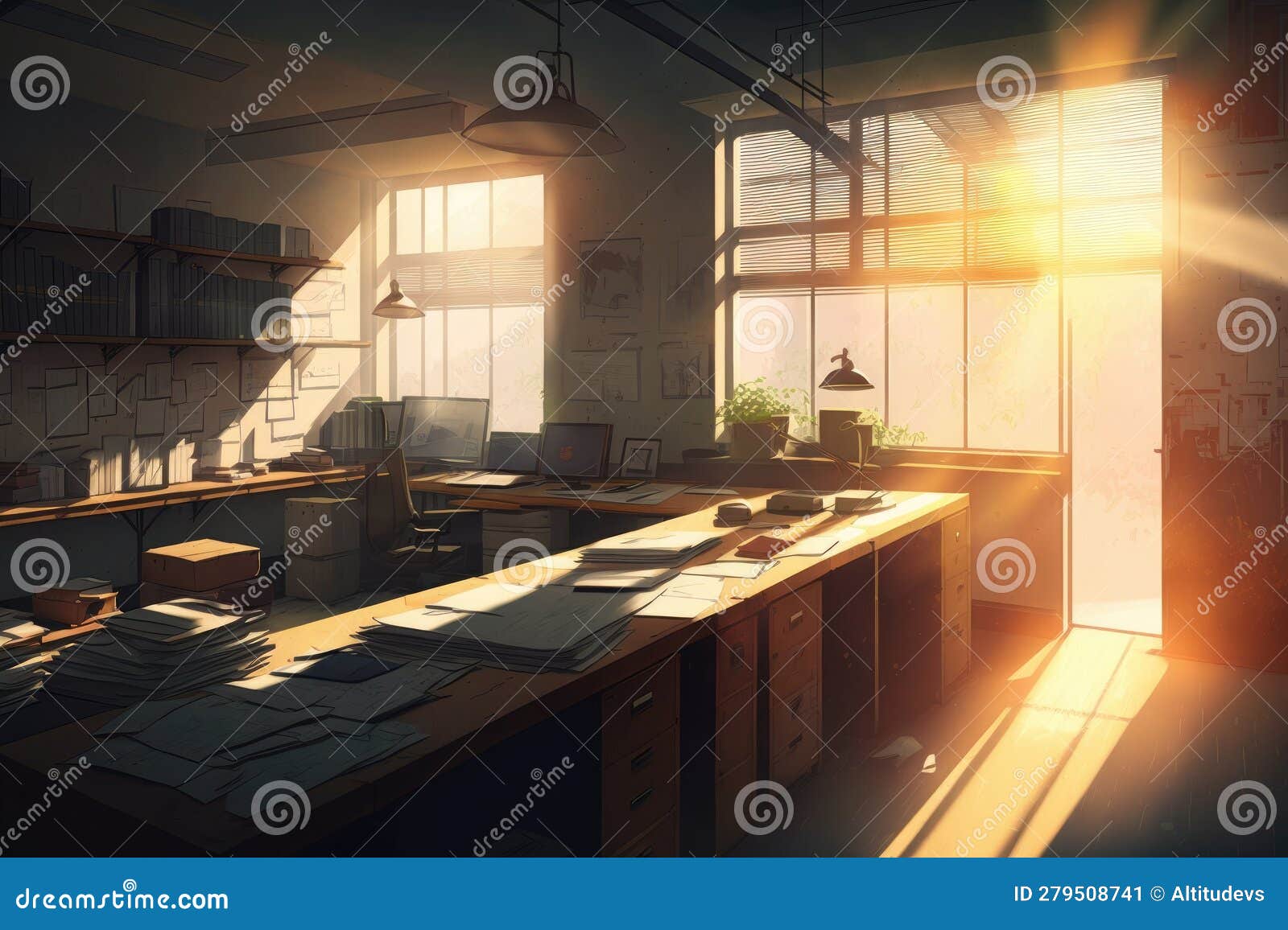 A Busy Office, with the Sun Rays Shining through the Windows and ...