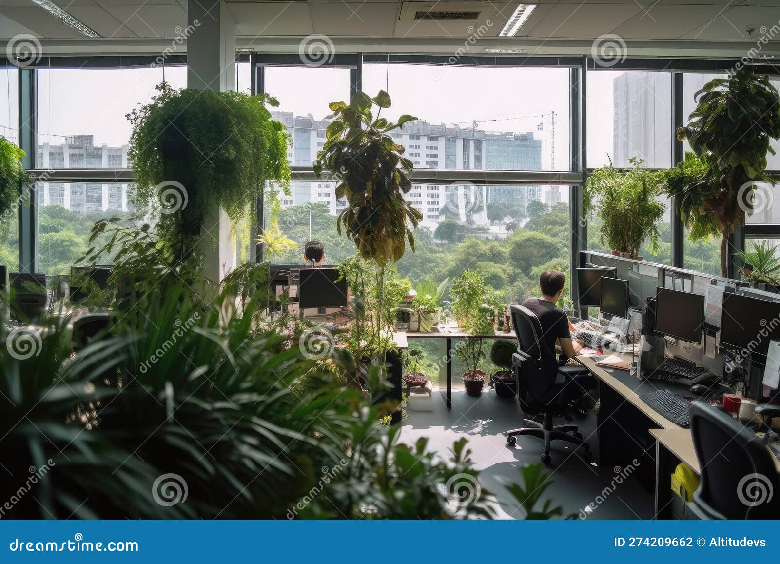 Busy Office, with View of Greenery and Plants from the Windows Stock ...