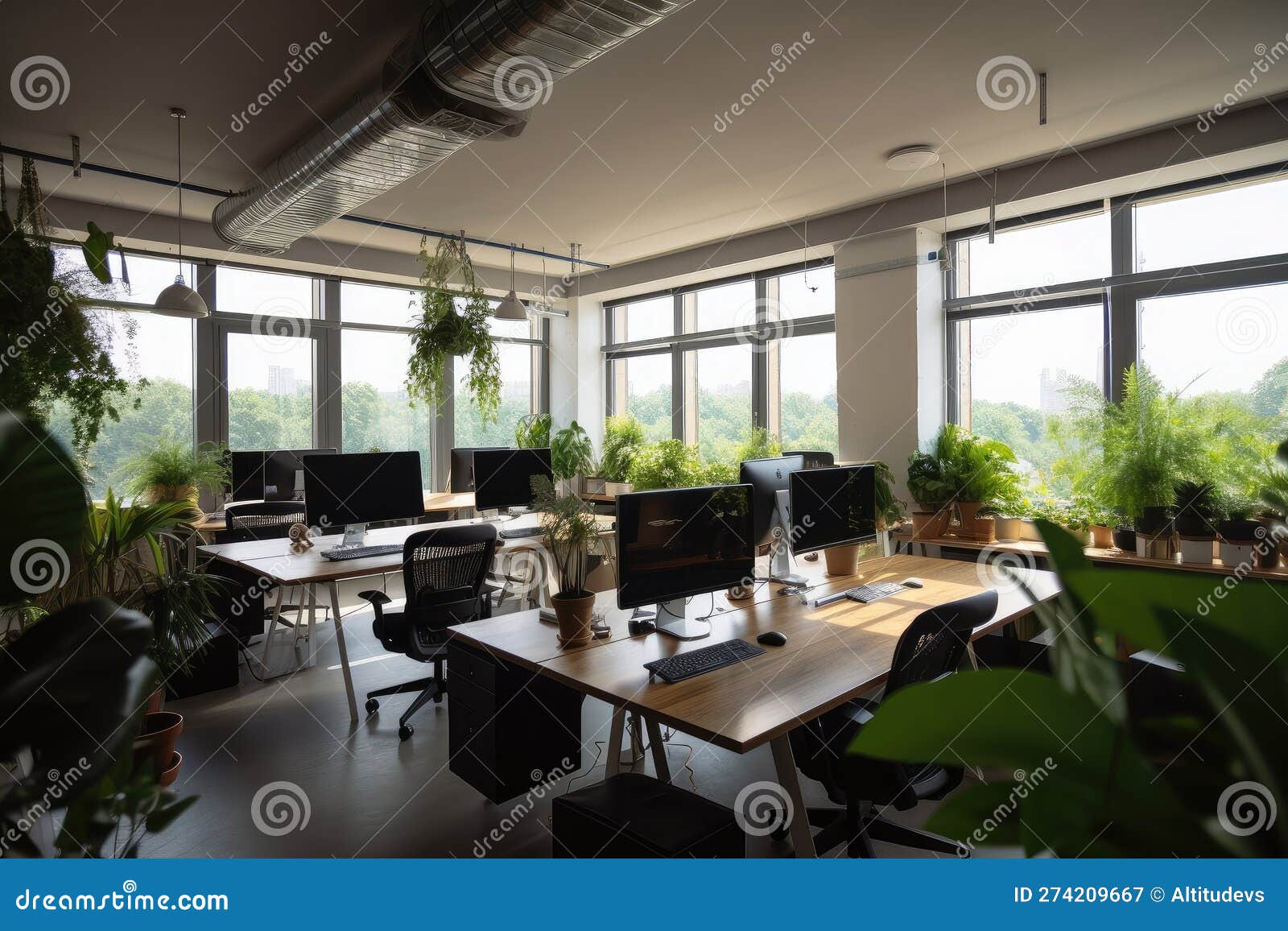 Busy Office, with View of Greenery and Plants from the Windows Stock ...