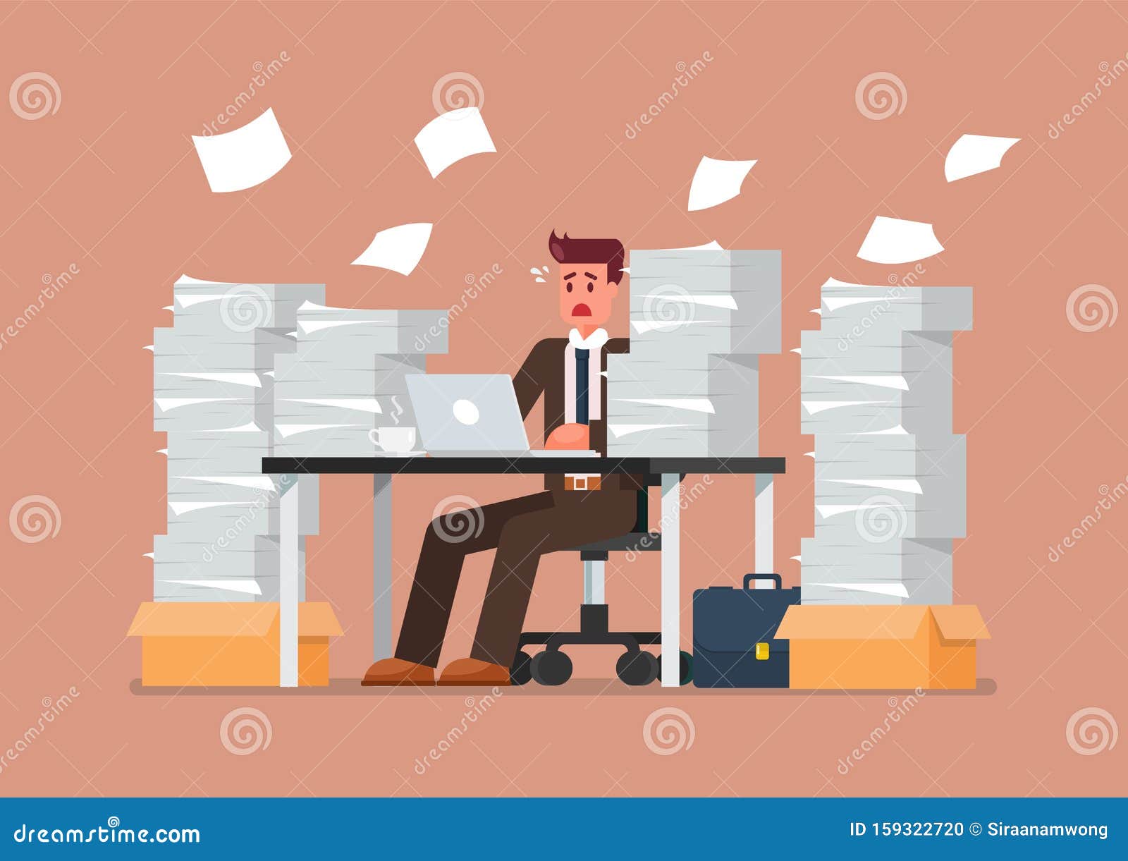 Busy Overworked Man Sitting at Table with Laptop and Pile of Papers in ...