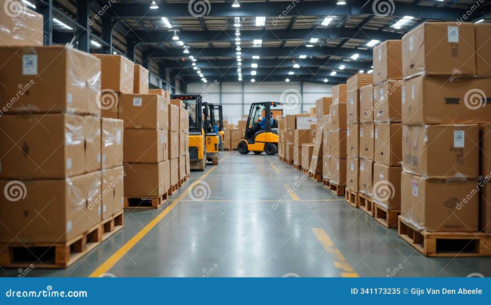 Busy Packaging Warehouse with Stacked Boxes on Pallets and Forklifts in ...