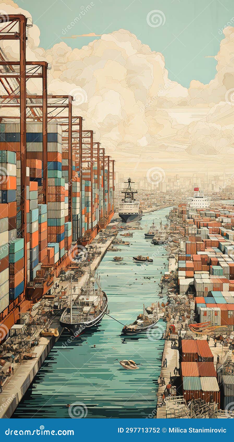 Busy Port with Constructions and Ships Stock Illustration ...