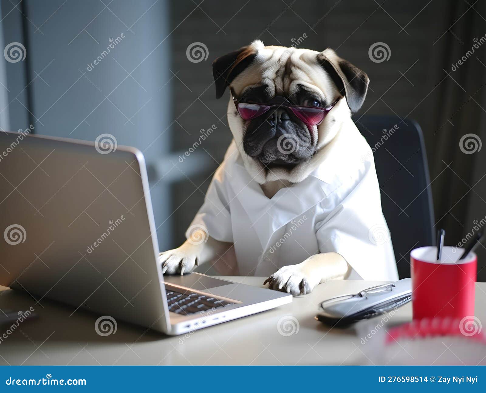 Busy Pug Dog. Concept of Hardworking or Work from Home Stock ...
