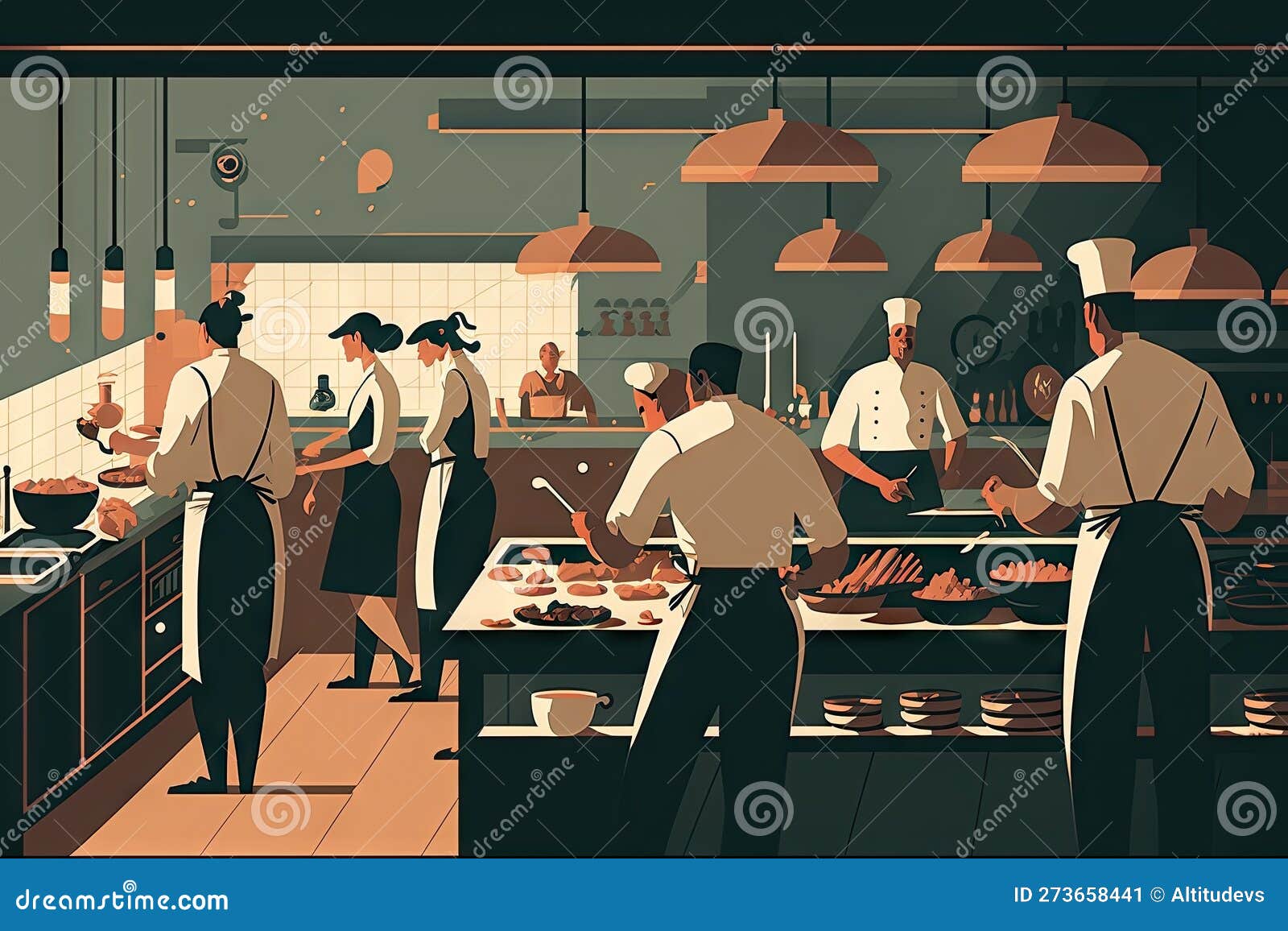 Busy Restaurant Kitchen, with Chefs Cooking and Preparing Food while ... Busy Restaurant Kitchen, with Chefs Cooking and Preparing Food while ...