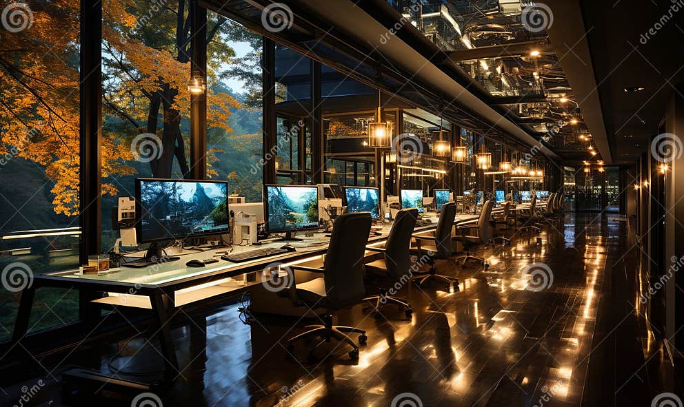 Busy Room with Desks and Computers Stock Image - Image of chairs, desks ...