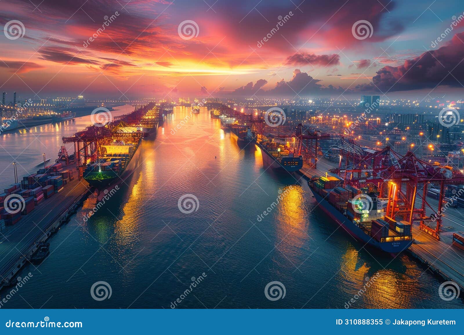 A Busy Seaport with Cargo Ships Docked at Renewable Energy Powered ...
