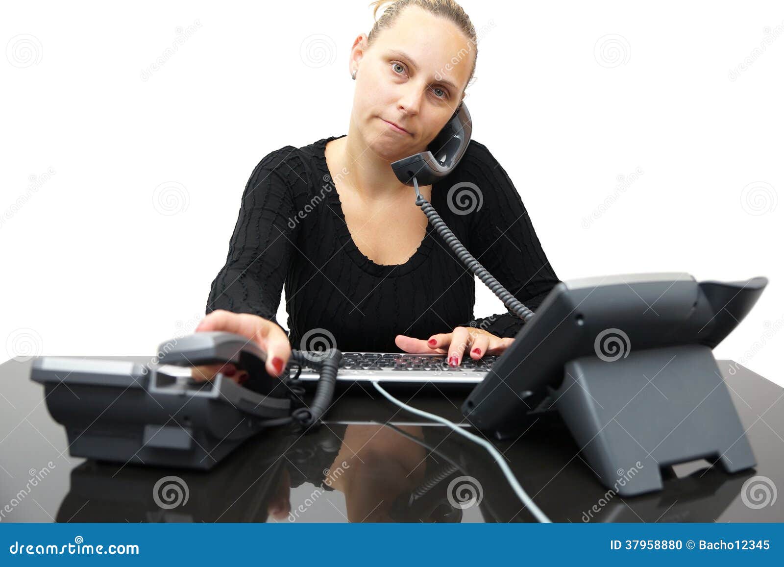 Busy Secretary in Office with Two Phones Stock Photo - Image of call ...