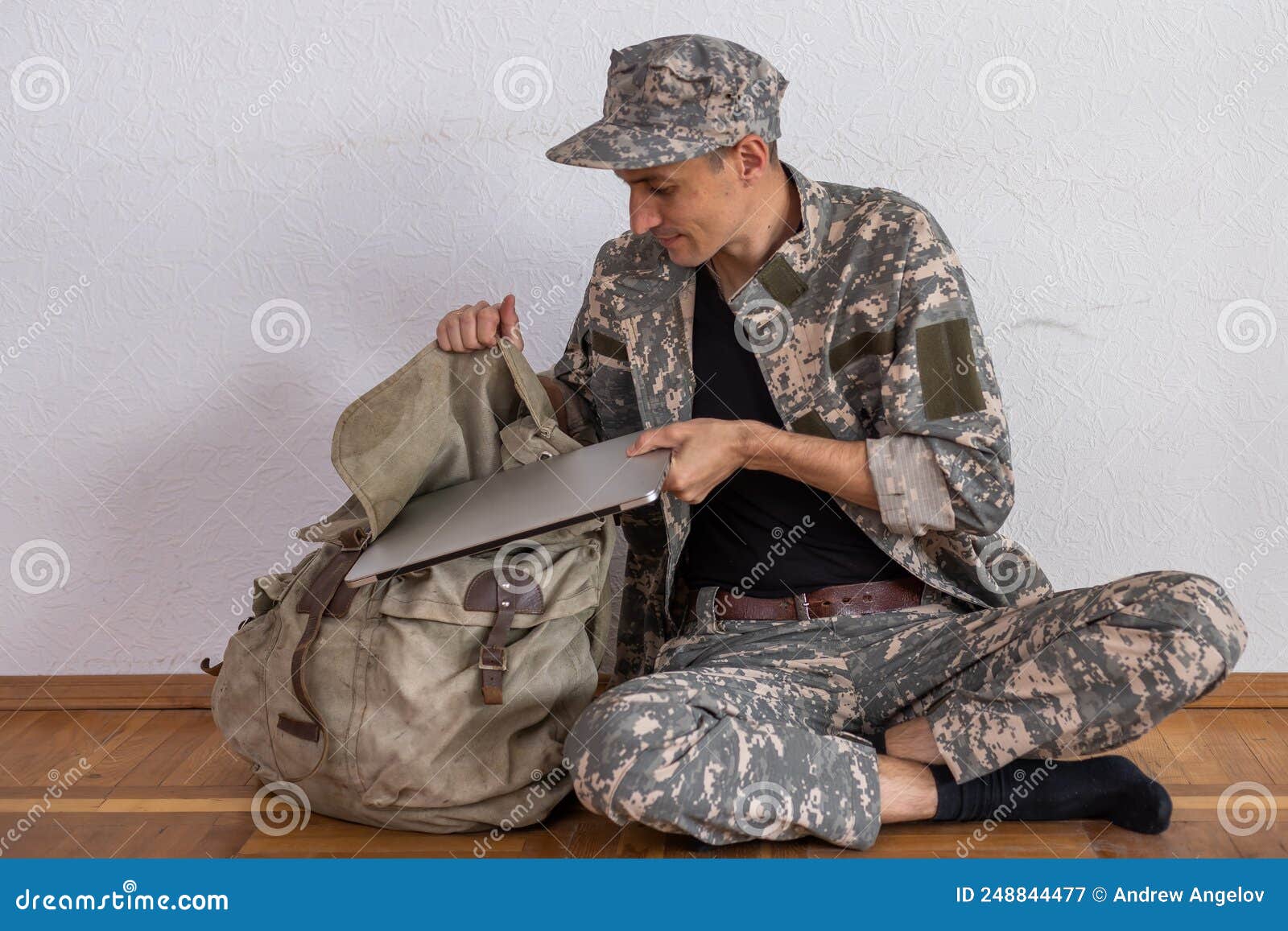 Busy Soldier with Backpack Using Military Laptop Stock Image - Image of ...