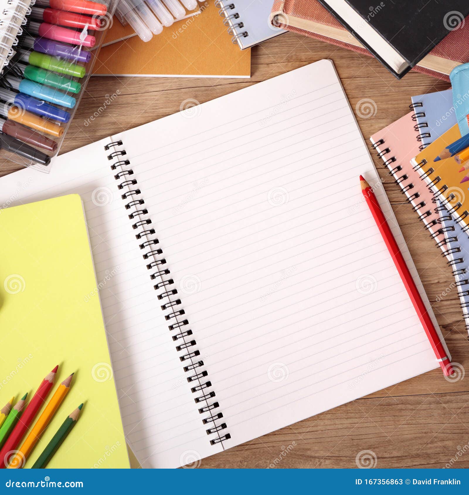 Busy Students Desk with Blank Open Notebook Stock Image - Image of ... Busy Students Desk with Blank Open Notebook Stock Image - Image of ...