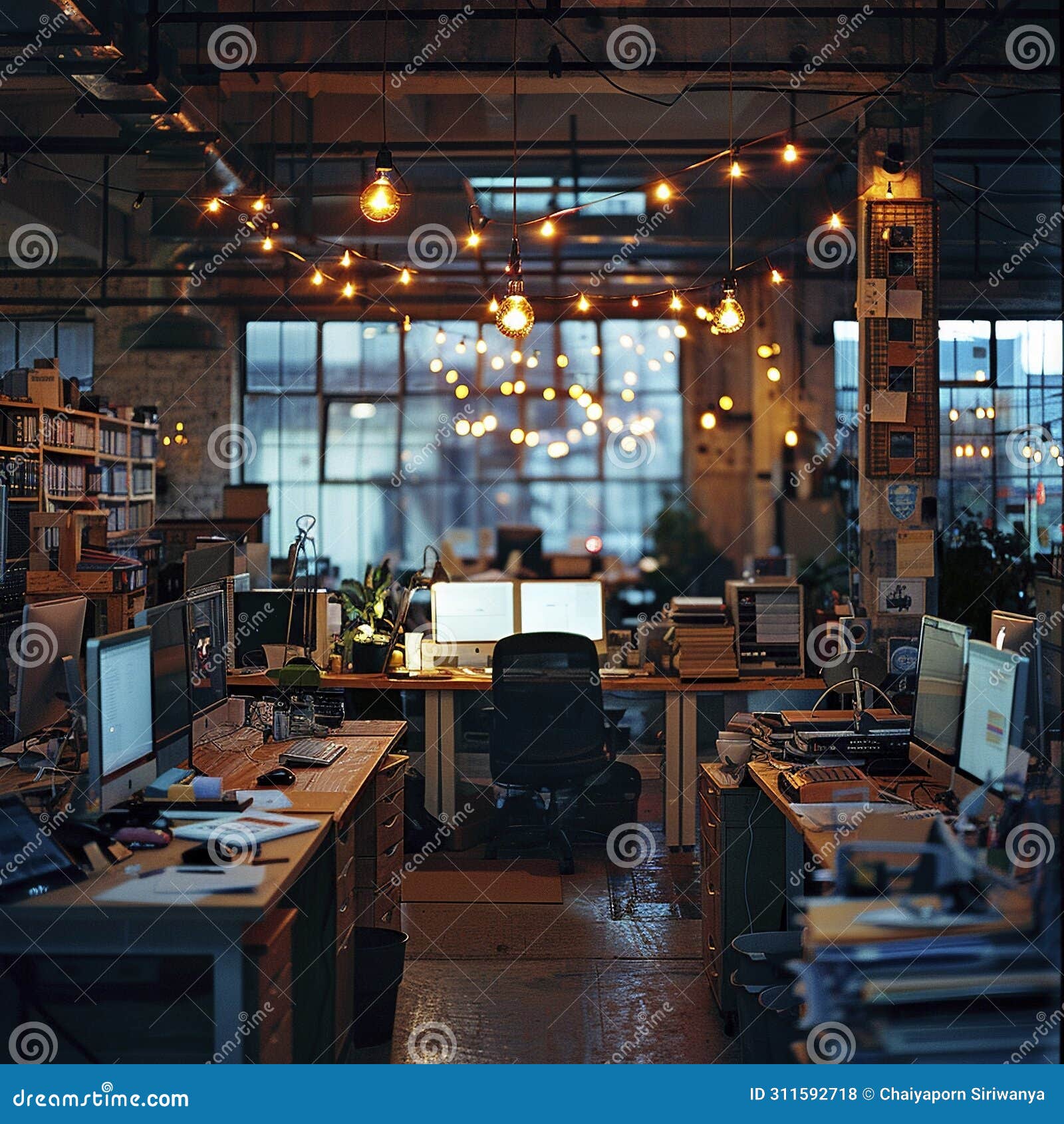 Busy Tech Startup Office Dim Overhead Light Cluttered Desks Wideangle ...