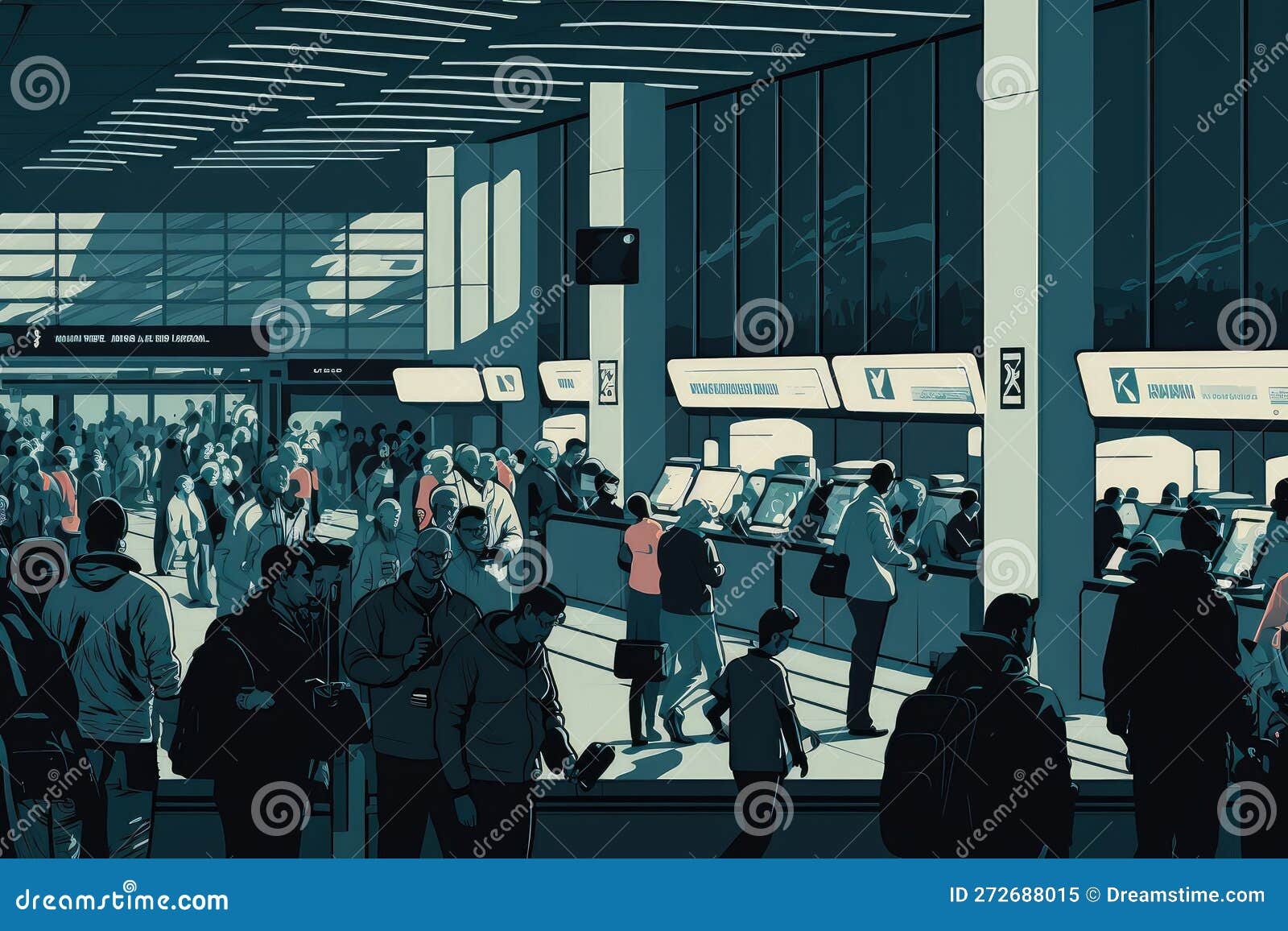 Busy Terminal, with Crowds of People and Lines at Check-in Counters and ...
