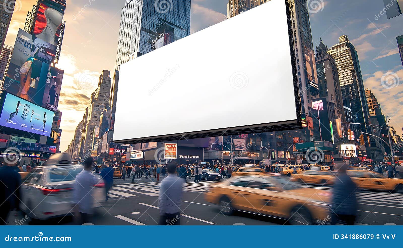 Busy Times Square with a Blank Billboard Stock Illustration ...