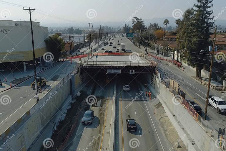 Urban Freeway Under Construction with Vehicles Passing through Stock ...