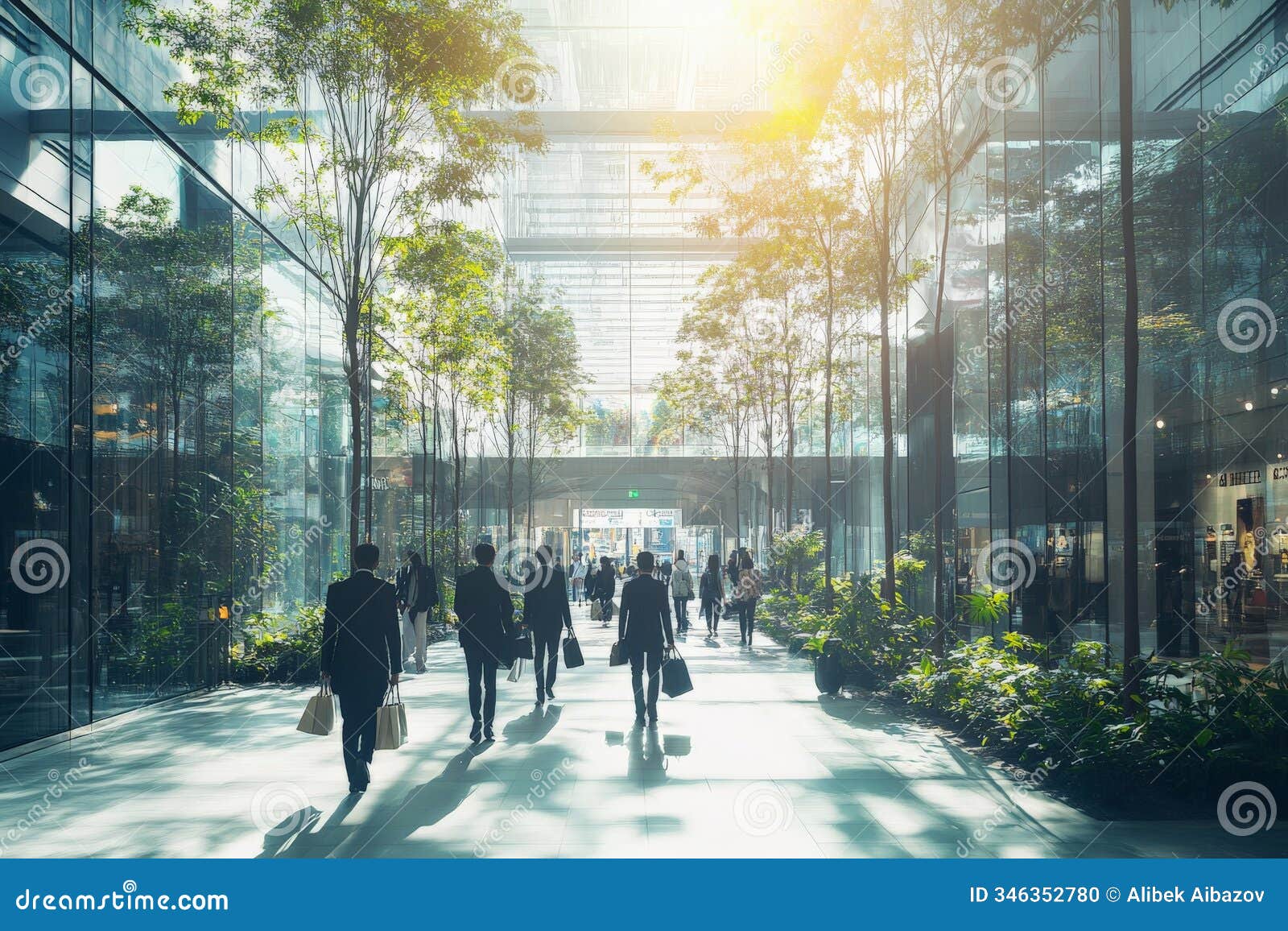 Busy Urban Office Walkway with Modern Architecture and Greenery Stock ...