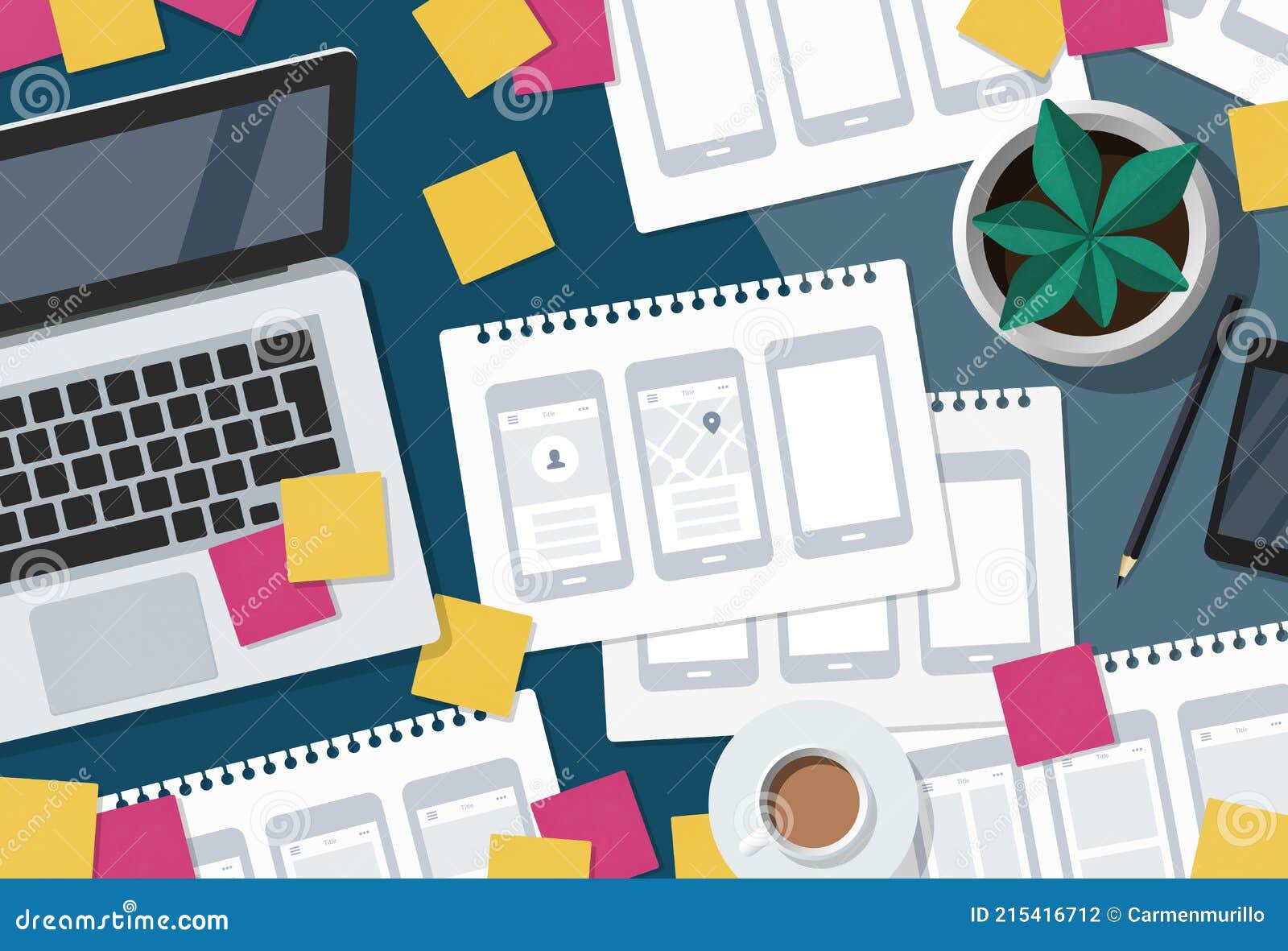 Busy UX Designer Desk with Mobile App Wireframes Stock Illustration ...