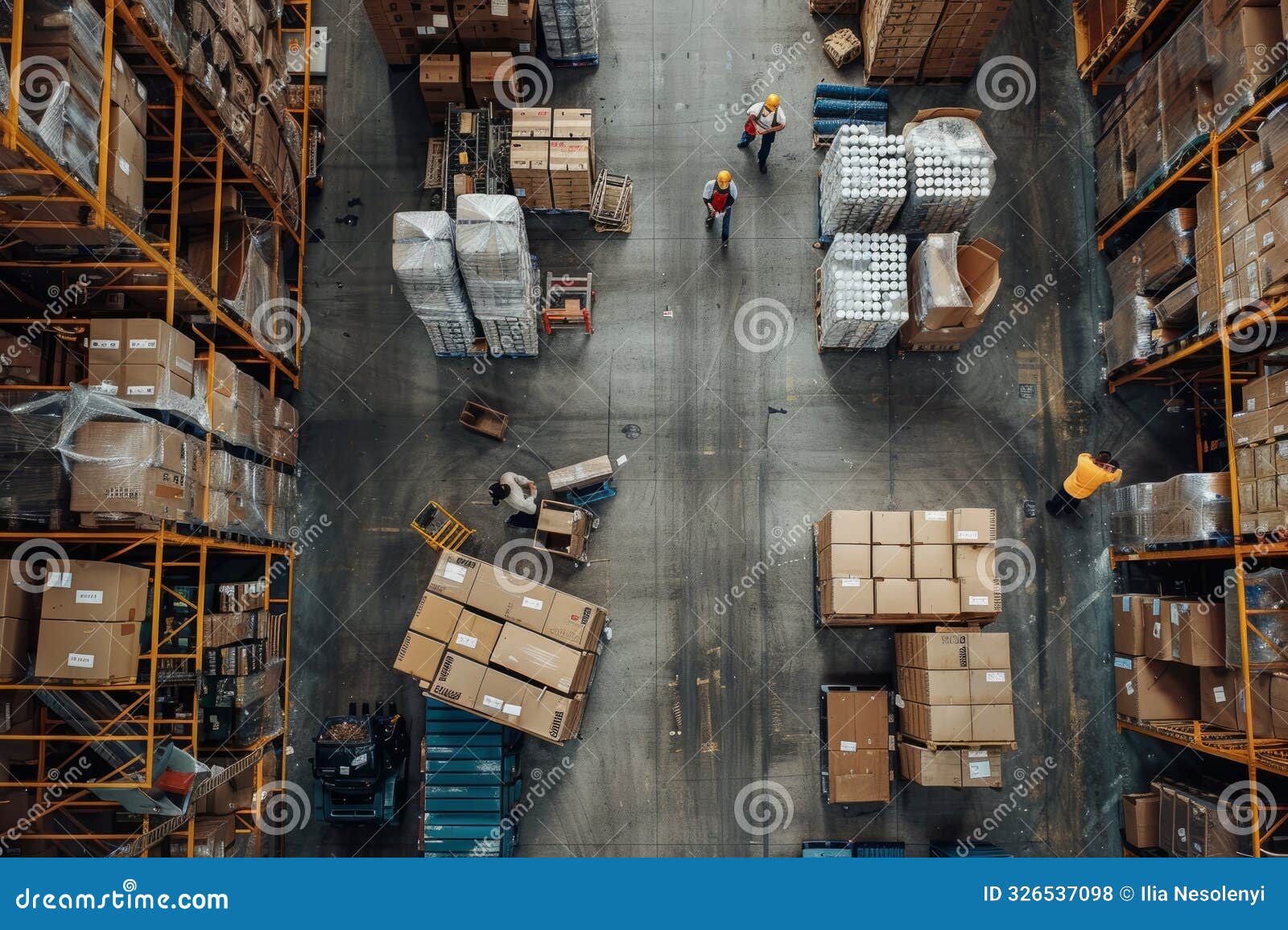 A Busy Warehouse Floor Filled with Boxes and Pallets As Workers Sort ...