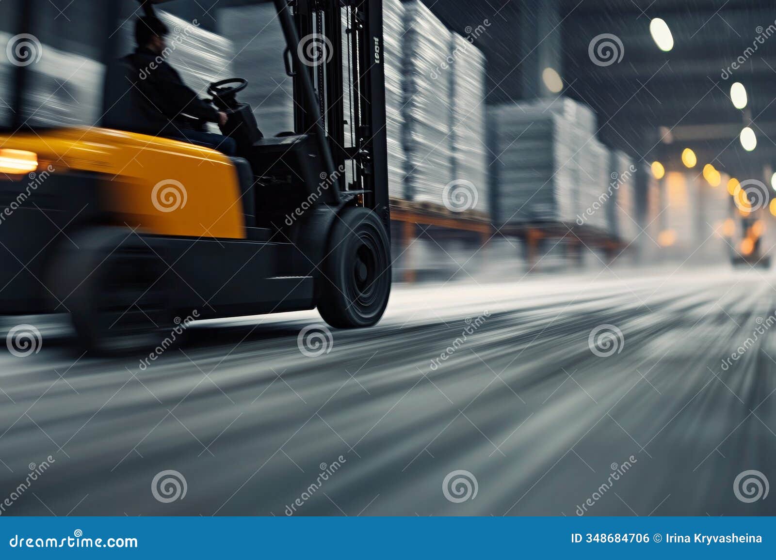 Busy Warehouse Operations with a Forklift Moving Quickly Past Stacked ...