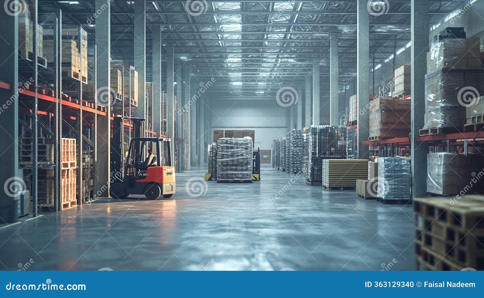 A Forklift In A Busy Warehouse Moving Cargo Boxes. Concept Warehouse ...