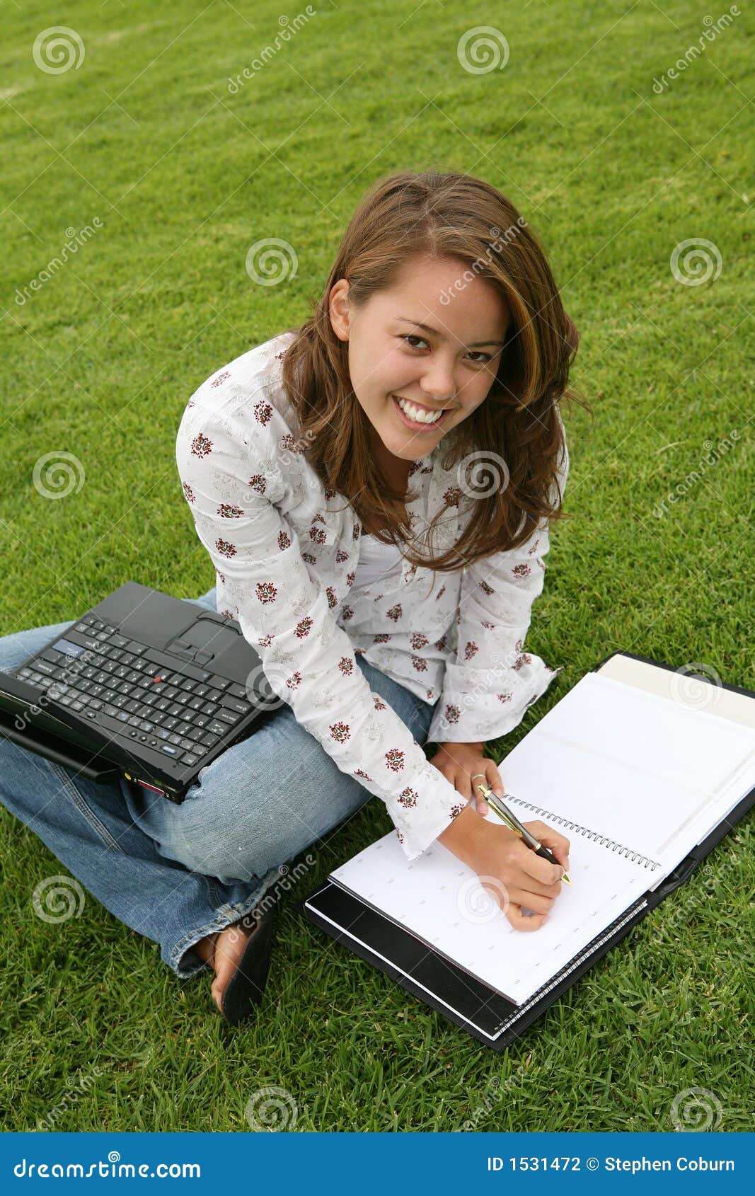 Busy Woman stock photo. Image of computer, journal, grass - 1531472