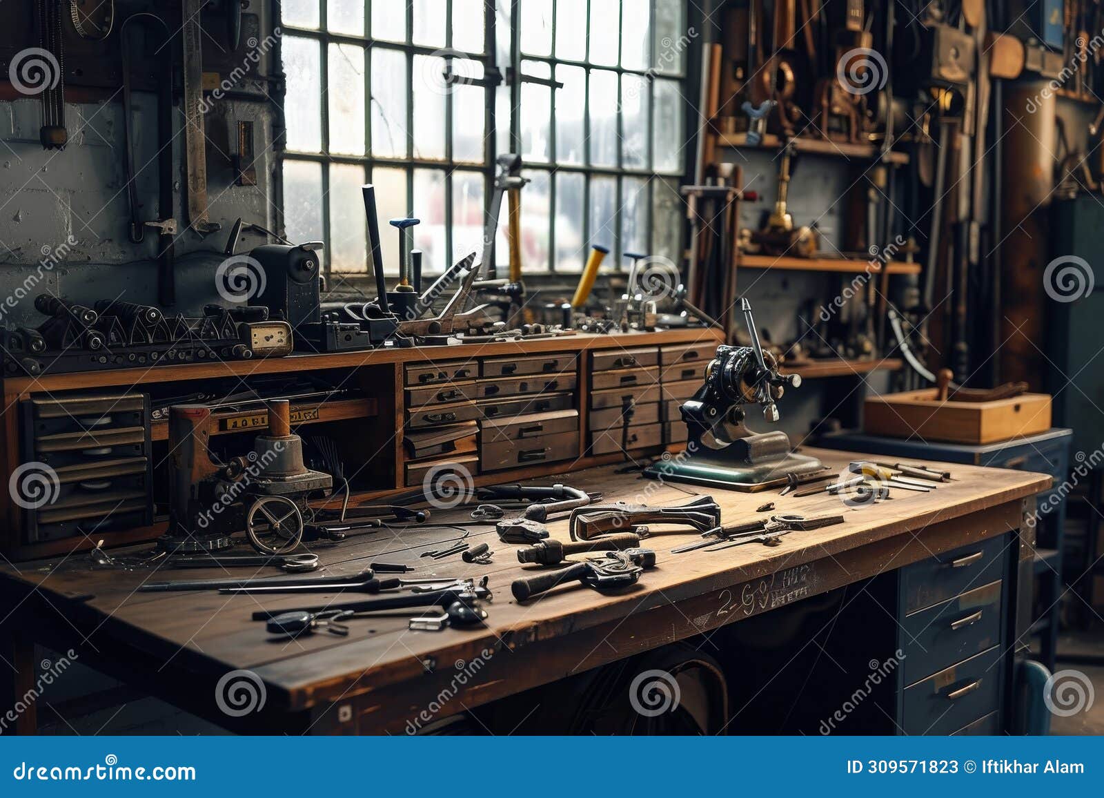 A Busy Workbench Teeming with Various Tools, a Mechanic S Workbench ...