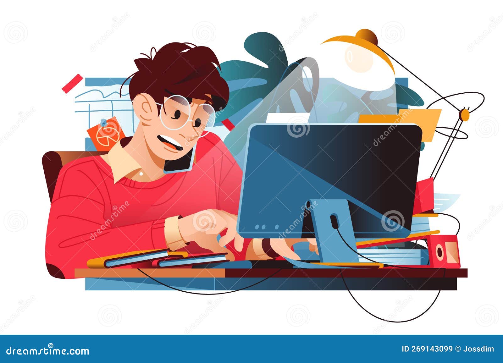 Busy Worker Sits at Desk with Computer Stock Vector - Illustration of ...