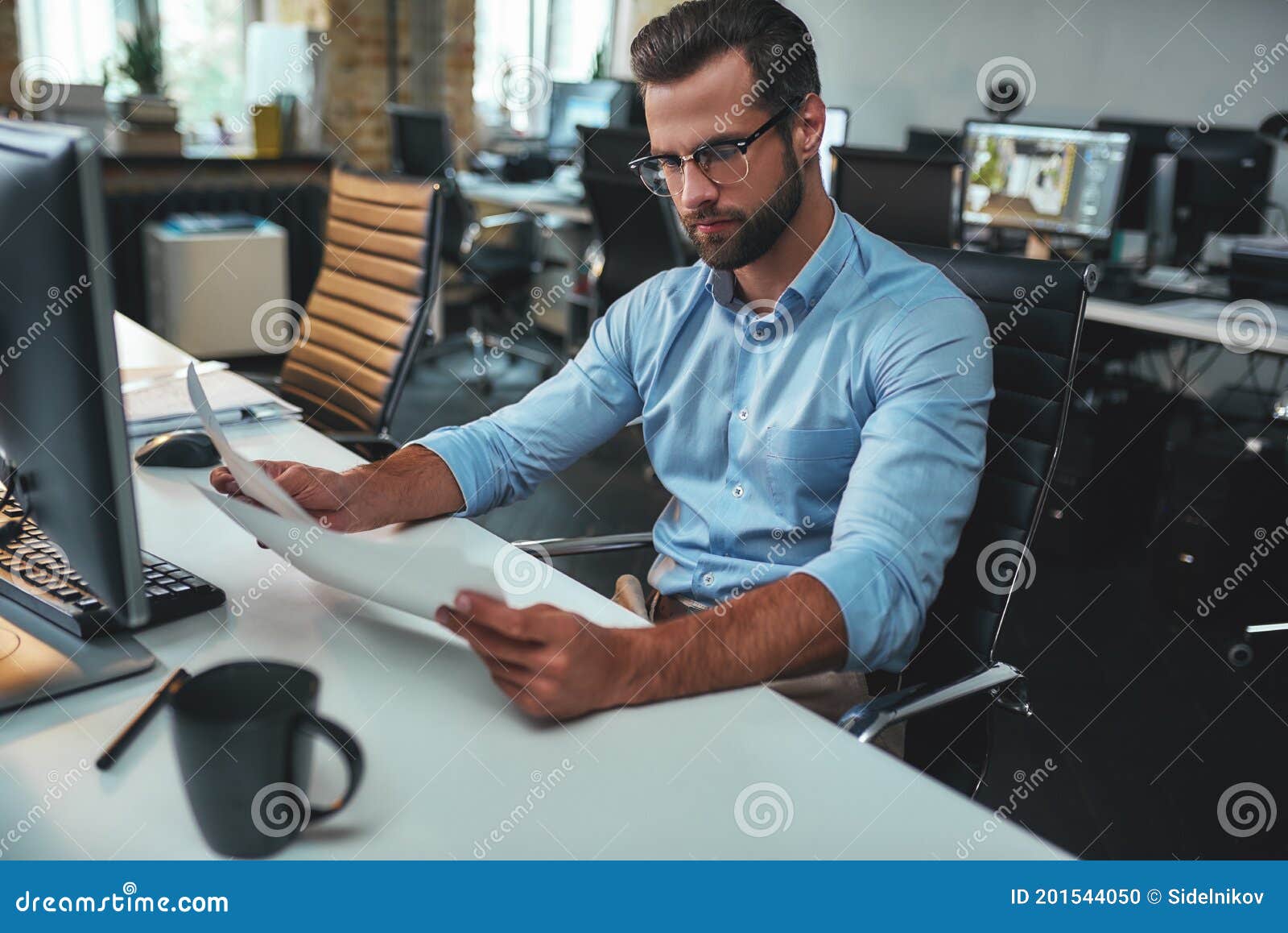 Busy Working Day Concentrated Bearded Man In Eyeglasses And Formal