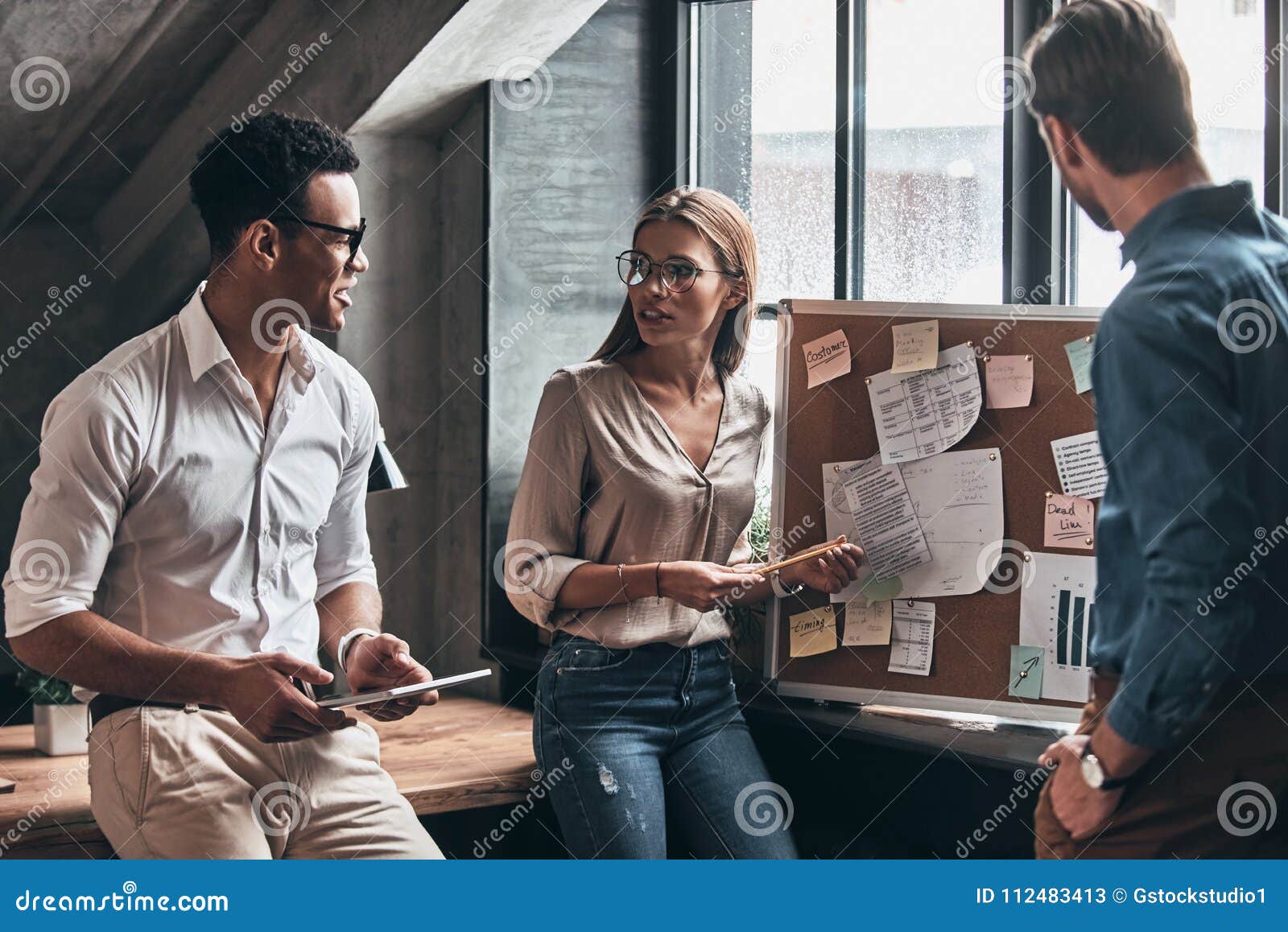 Busy Working Day. Group of Young Business People Using Blackboar Stock ...