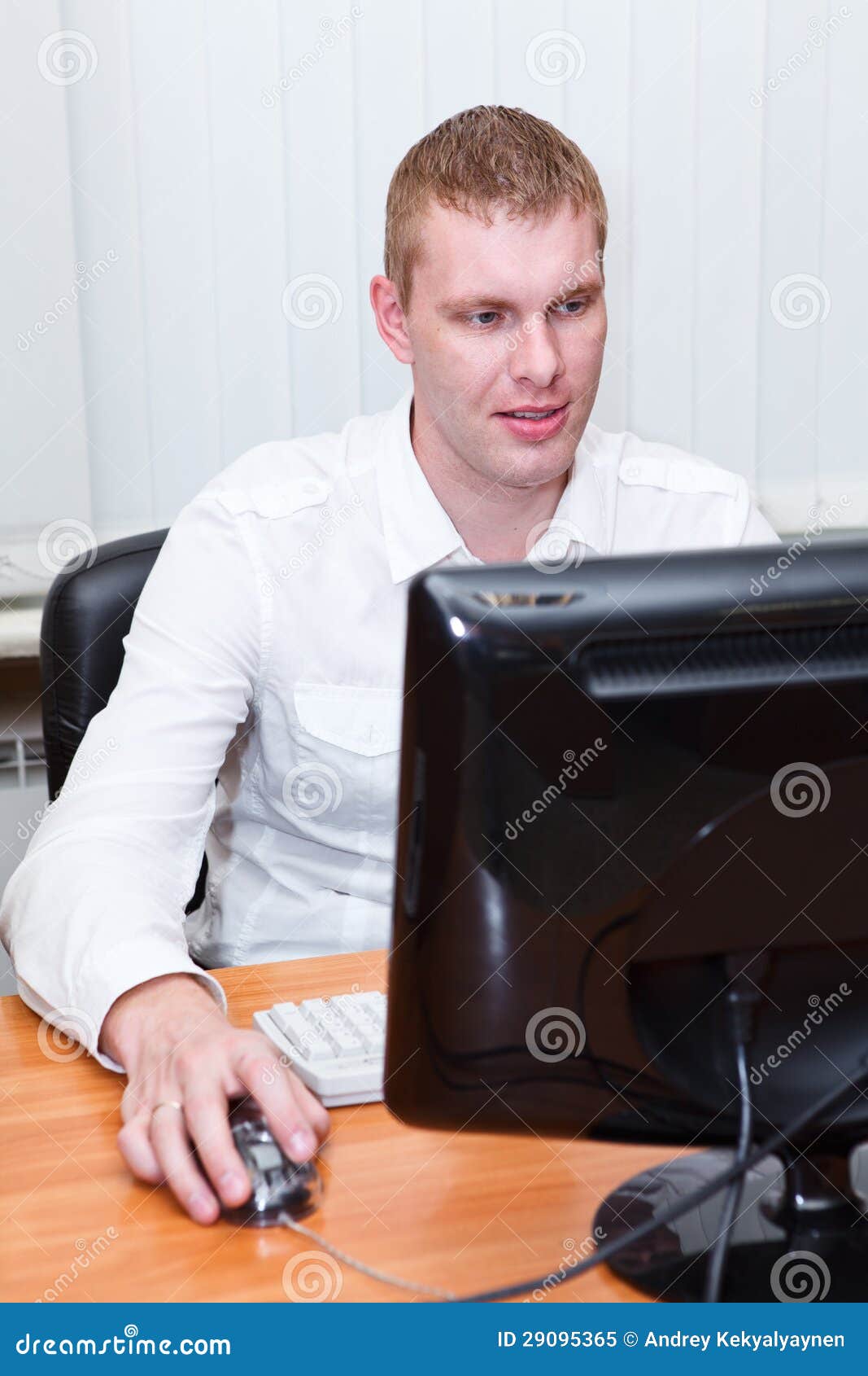 Busy Young Man in White Shirt Sitting at Pc Computer Stock Image ...