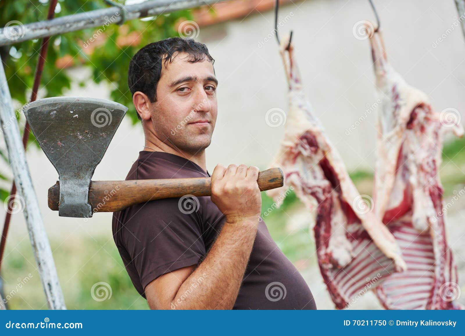 Butcher with Axe and Sheep Carcass Meat Stock Photo - Image of worker ...