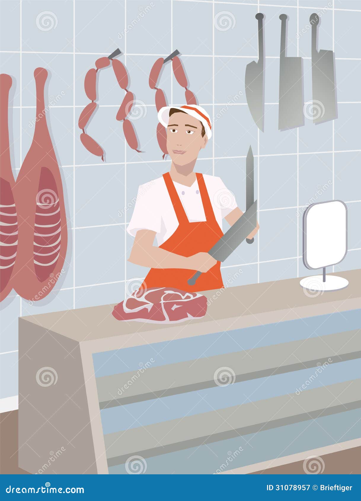 Illustration of a Butcher Behind His Counter Stock Vector ...