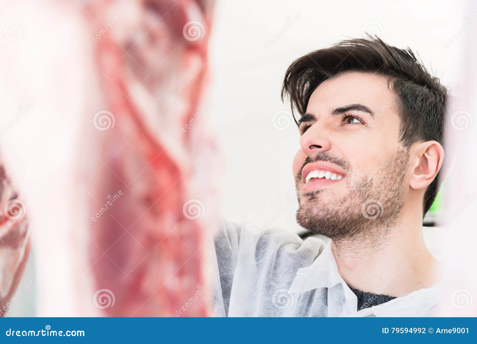 Butcher in Butchery or Slaughterhouse Cutting Meat Stock Photo - Image ...
