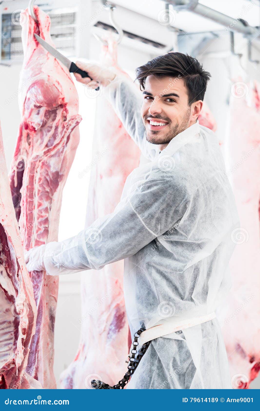 Butcher in Butchery or Slaughterhouse Cutting Meat Stock Image - Image ...