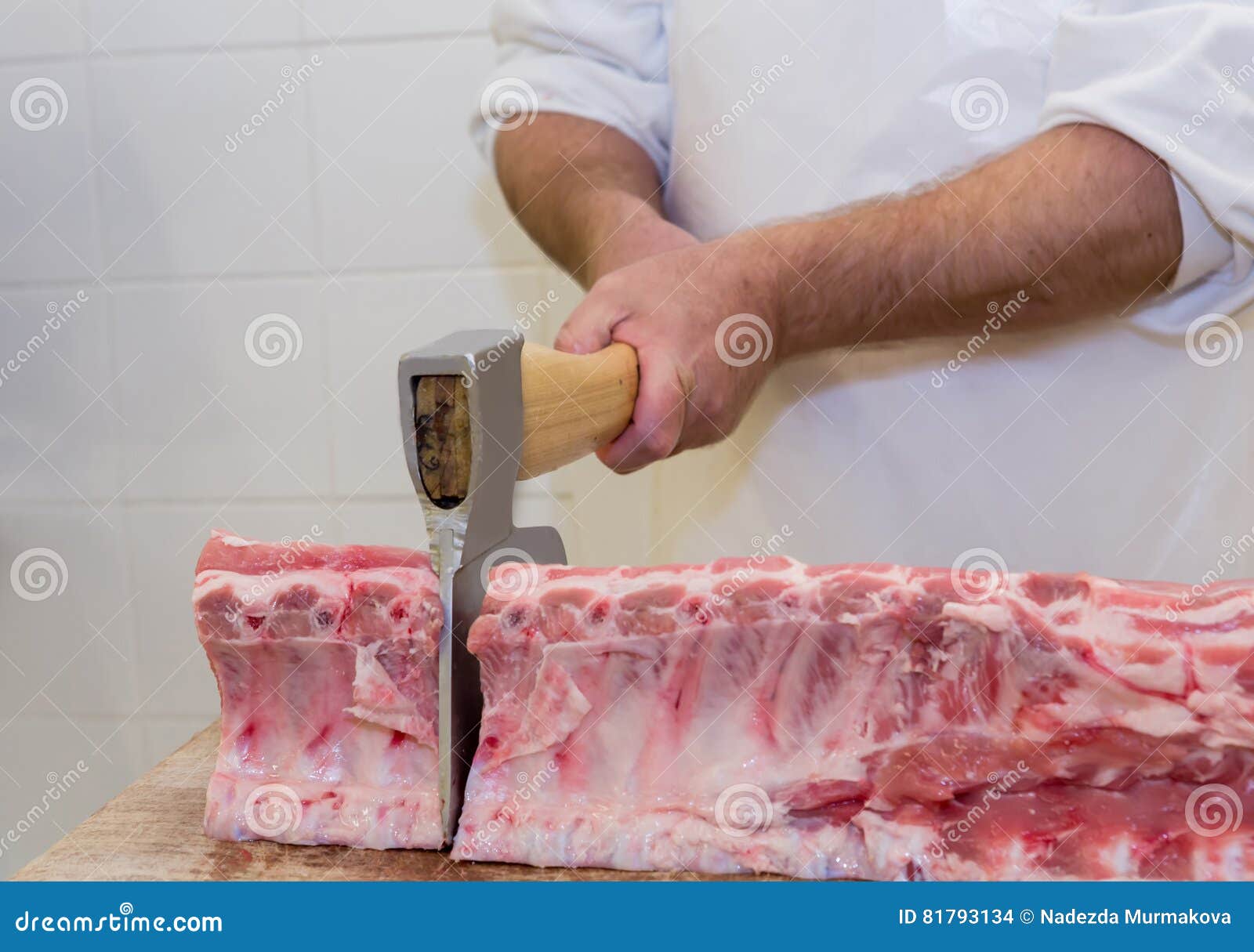 Butcher with a Chisel Handles Raw Pork Stock Photo - Image of pepper ...