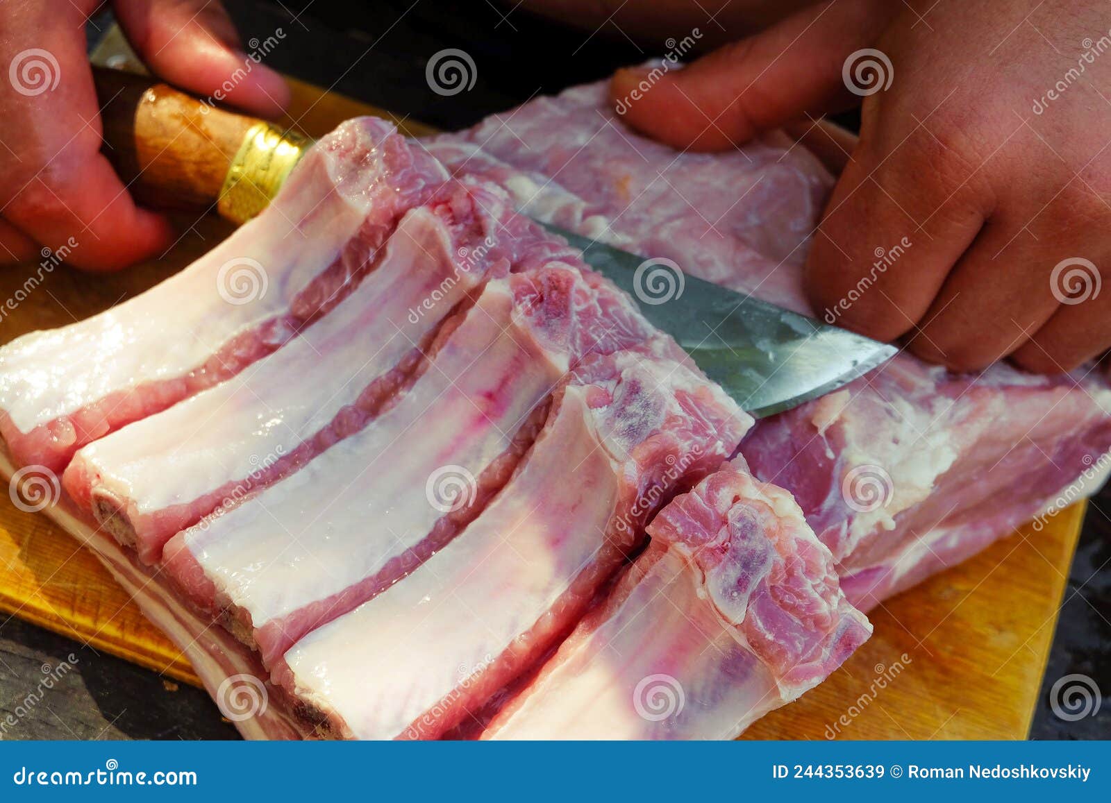 Butcher Cuts Fresh Meat with a Knife Stock Image - Image of uncooked ...
