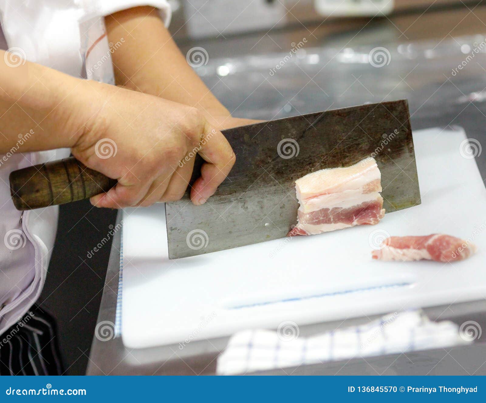 Butcher Cuts a Piece of Meat in Kitchen Stock Photo - Image of healthy ...