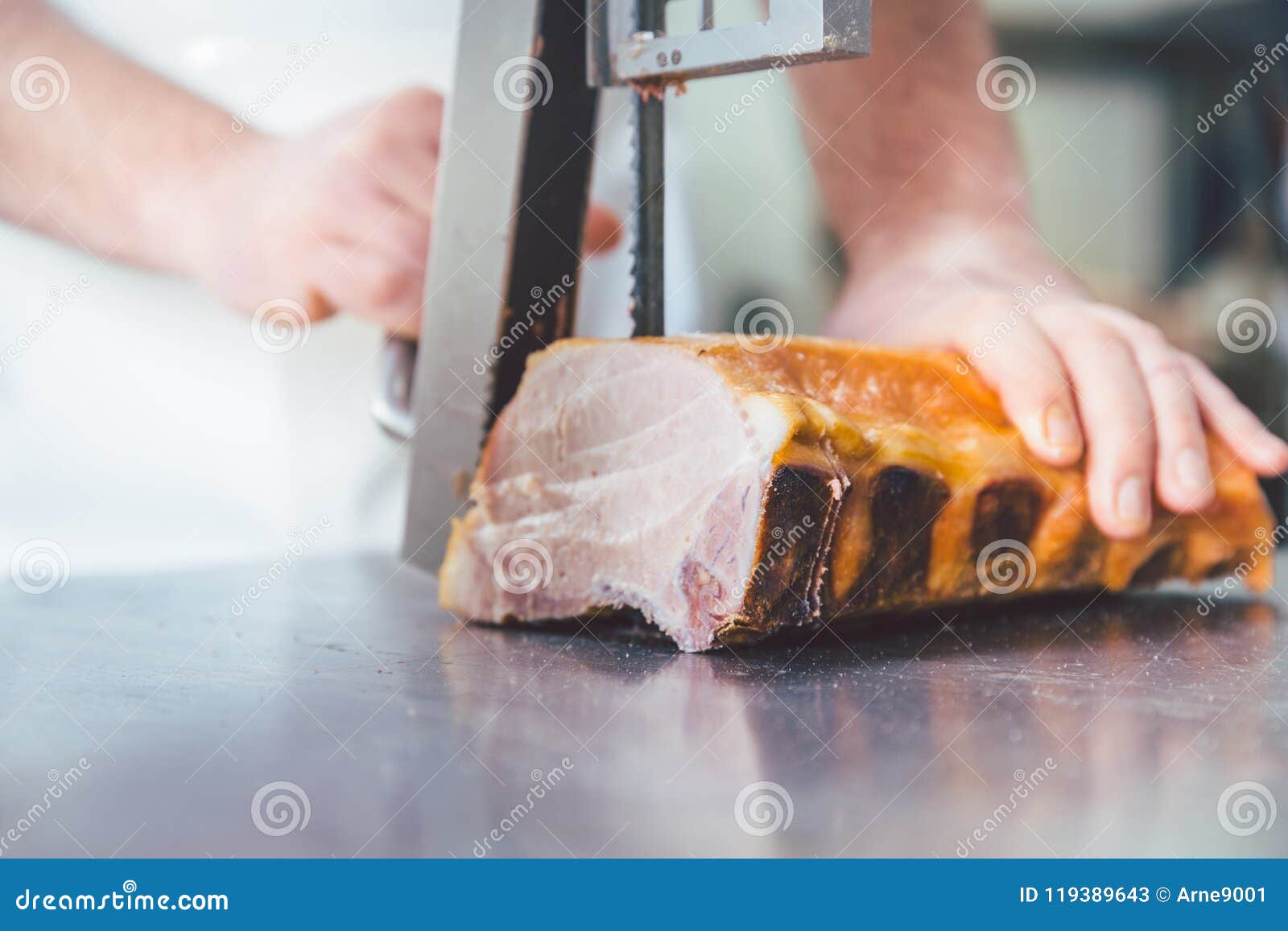 Butcher Cutting Meat in Butchery Stock Image - Image of business ...